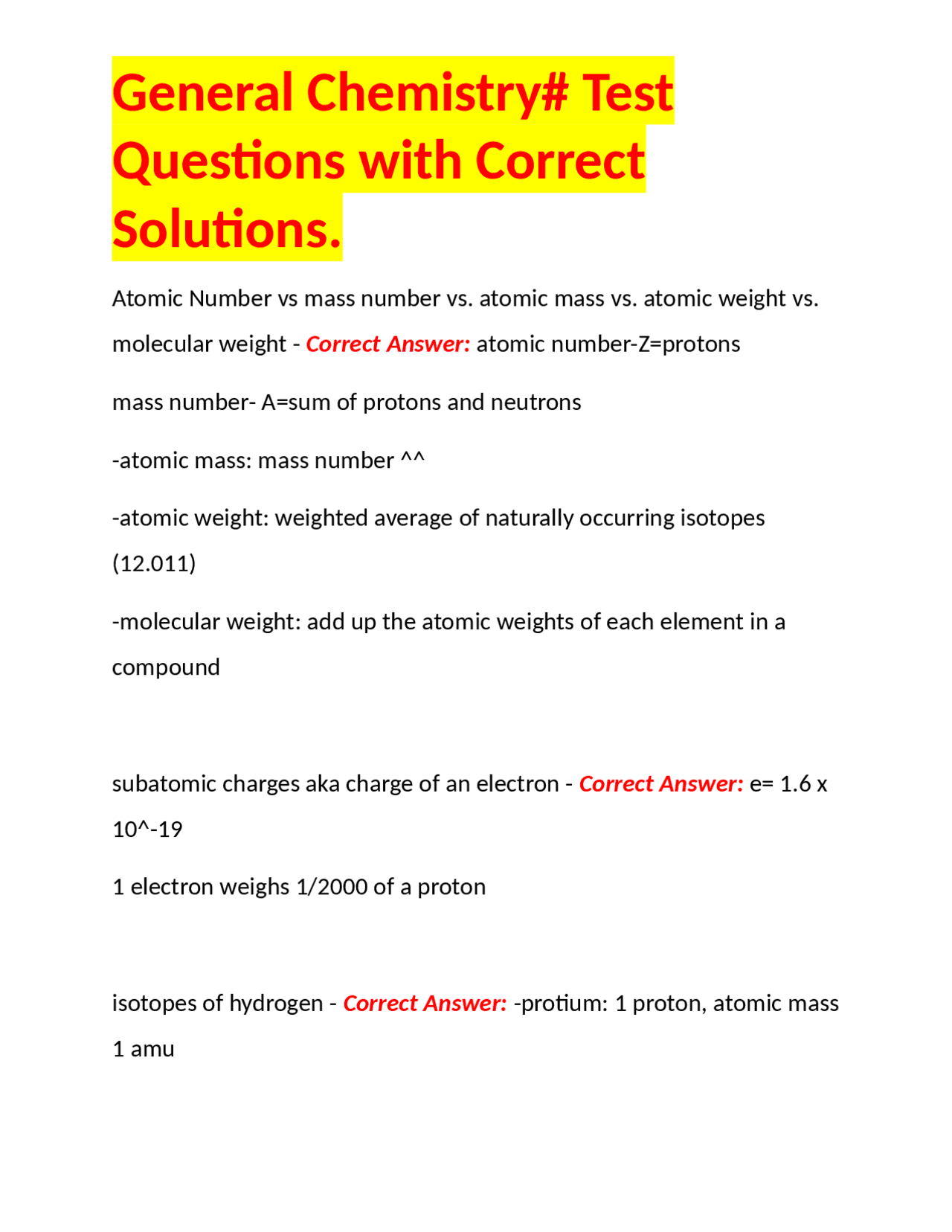 General Chemistry# Test Questions with Correct Solutions. | Exams ...