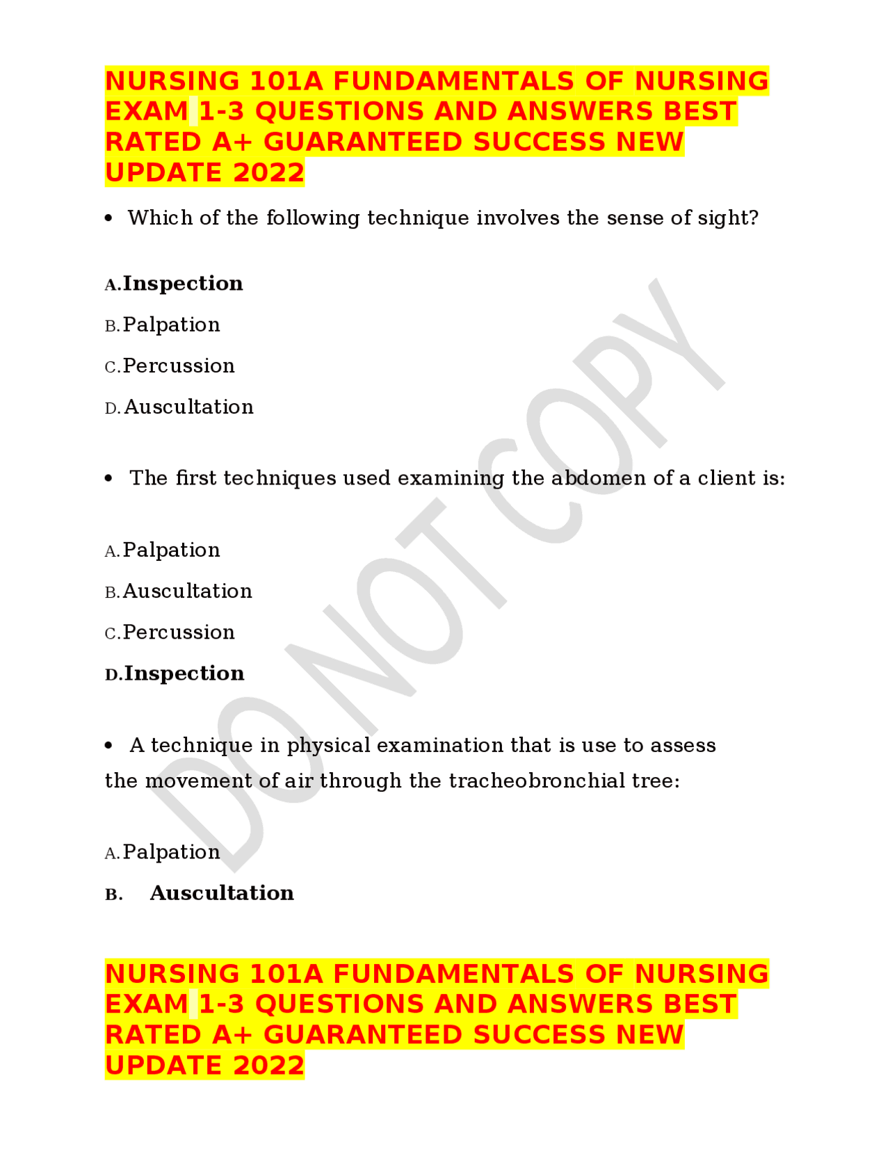 NURSING 101A FUNDAMENTALS OF NURSING EXAM 1-3 QUESTIONS AND ANSWERS BEST RATED A+ GUARANTE ...