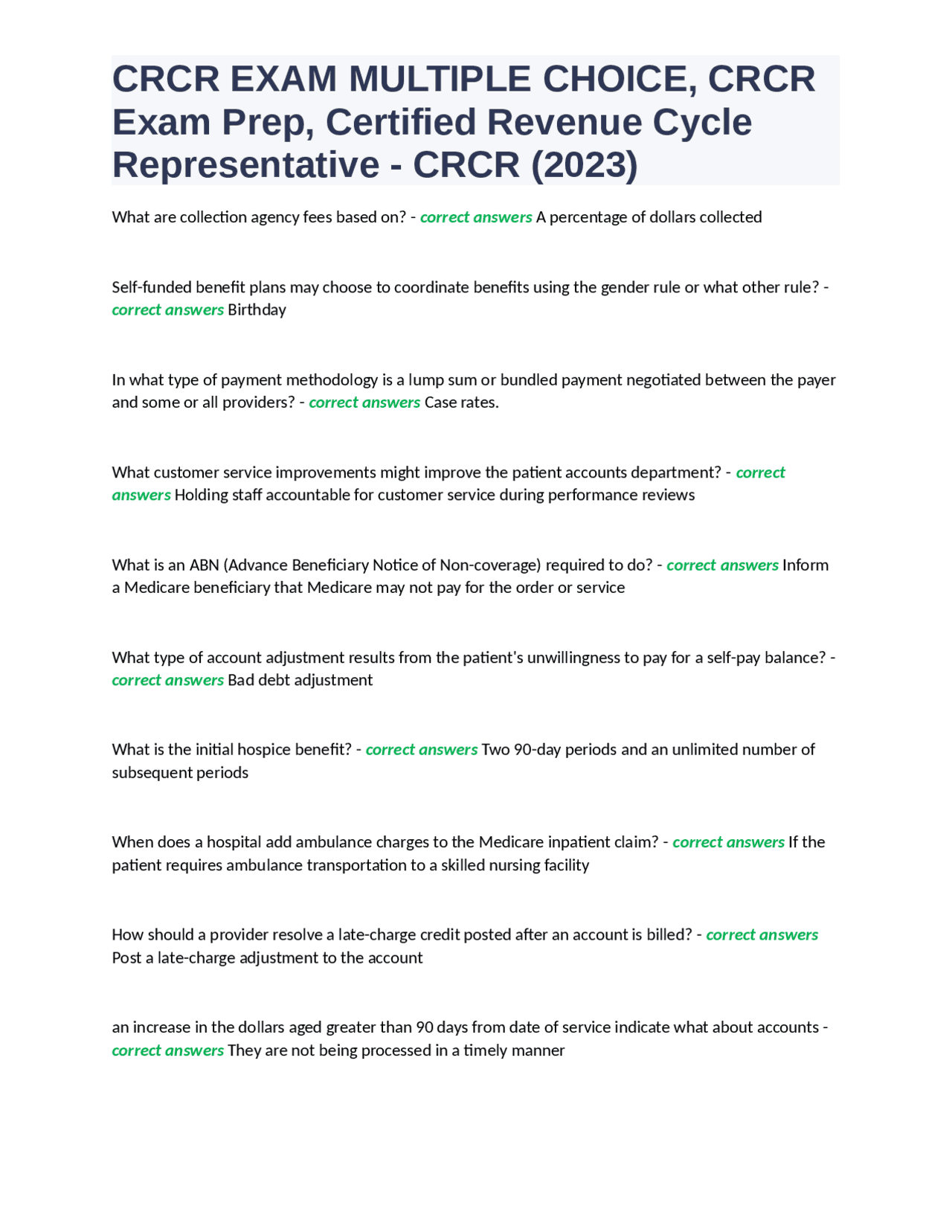 CRCR EXAM MULTIPLE CHOICE, CRCR Exam Prep, Certified Revenue Cycle ...