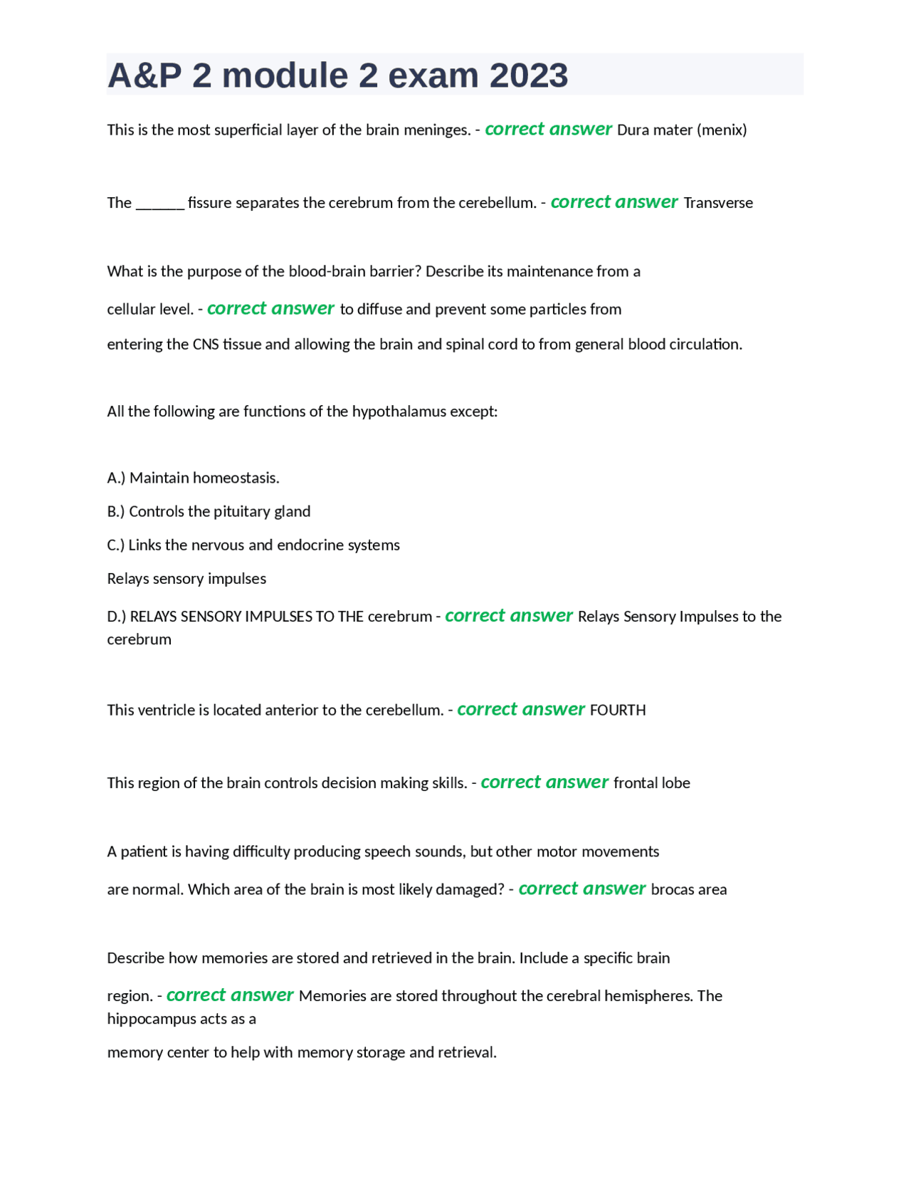 A&P 2 module 2 exam 2023.docx | Exams Nursing | Docsity