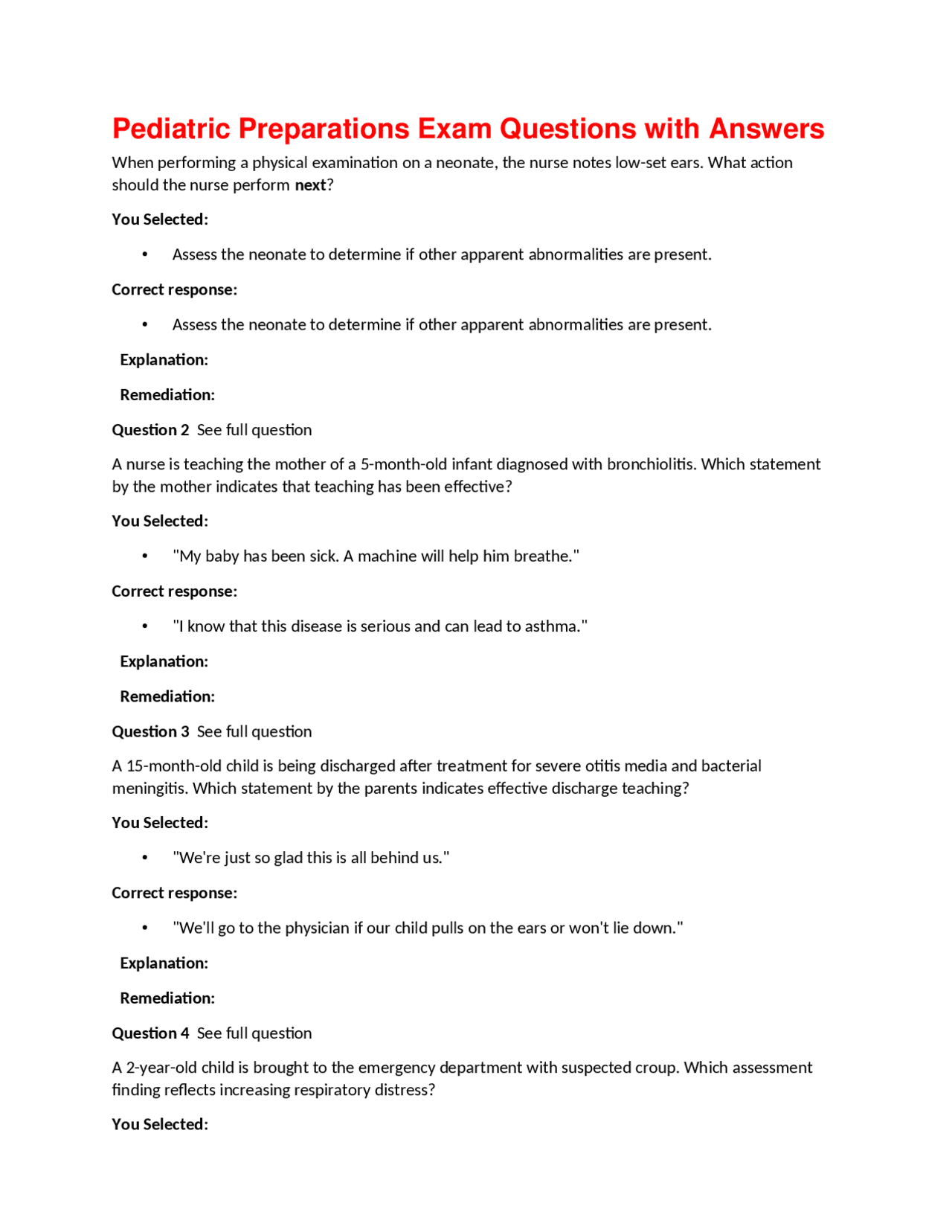 Pediatric Preparations Exam Questions with Answers | Exams Nursing ...