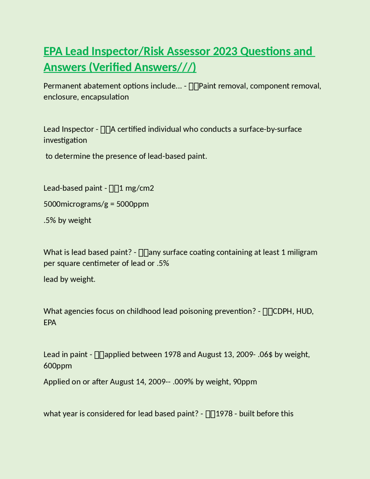 Epa Lead Inspectorrisk Assessor 2023 Questions And Answers Verified