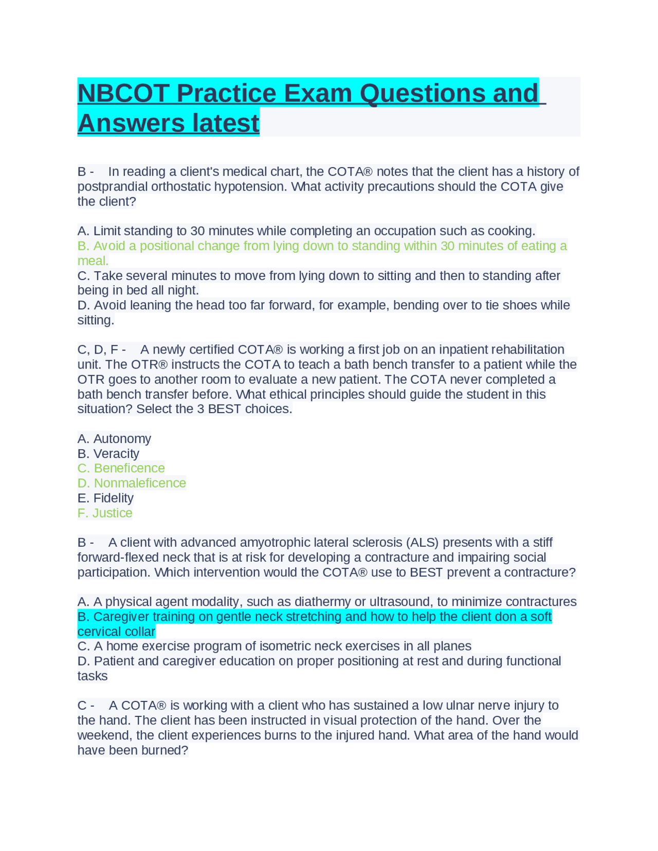 NBCOT Practice Exam Questions and Answers latest | Exams Nursing | Docsity