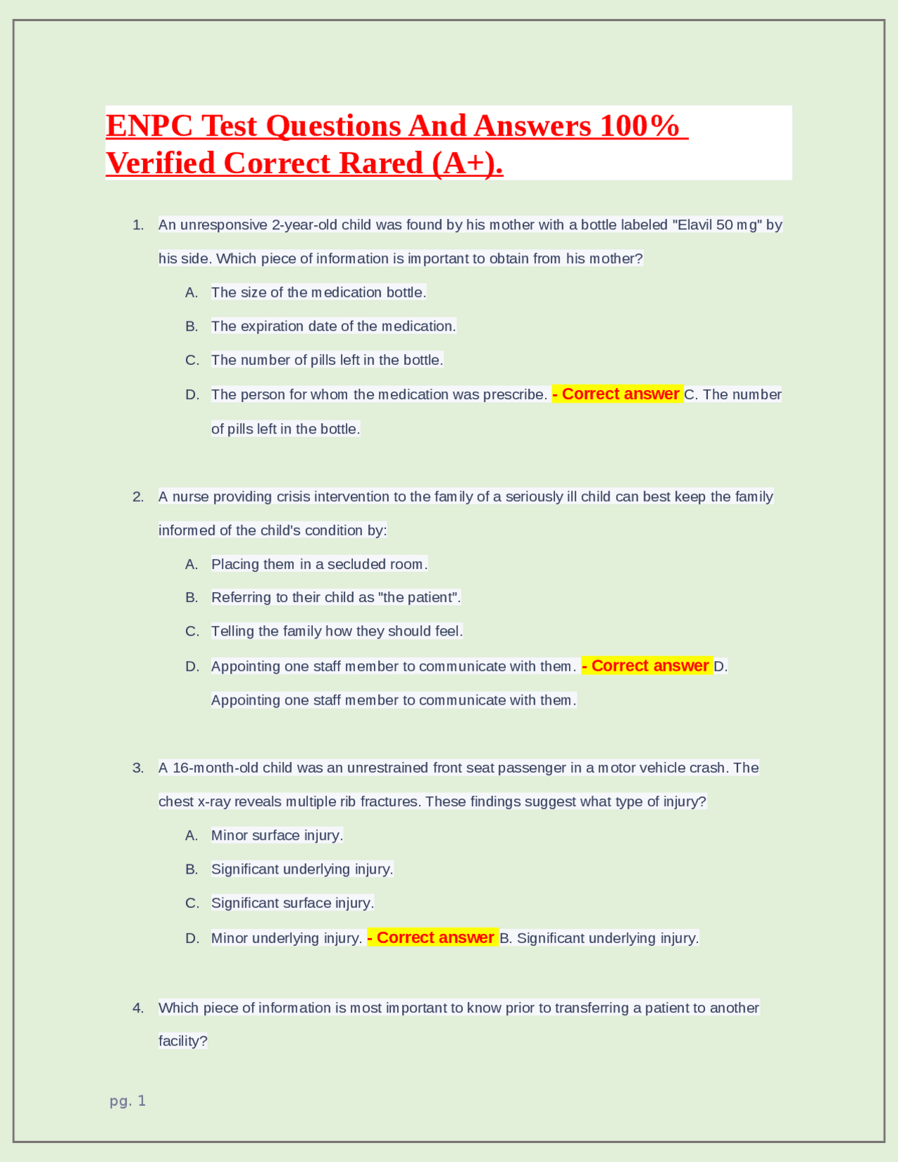 ENPC Test Questions And Answers 100% Verified Correct Rared (A+ ...
