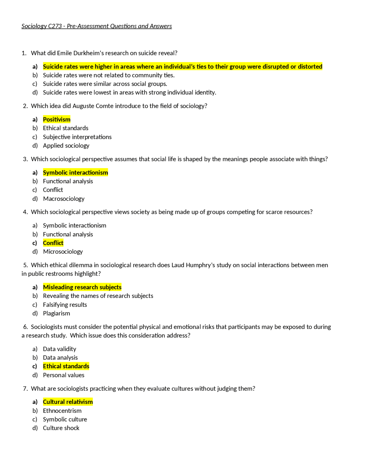 Sociology C273 - Pre-Assessment Questions and Answers | Exams Nursing | Docsity