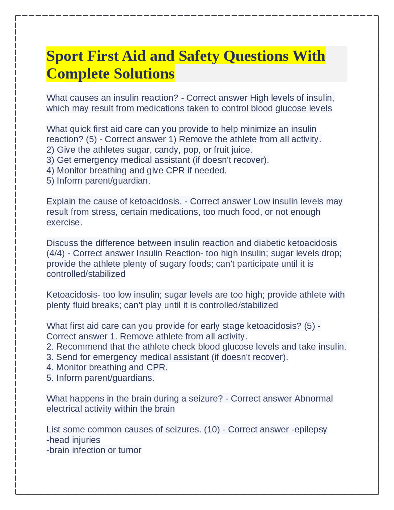 Sport First Aid and Safety Questions With Complete Solutions | Exams ...