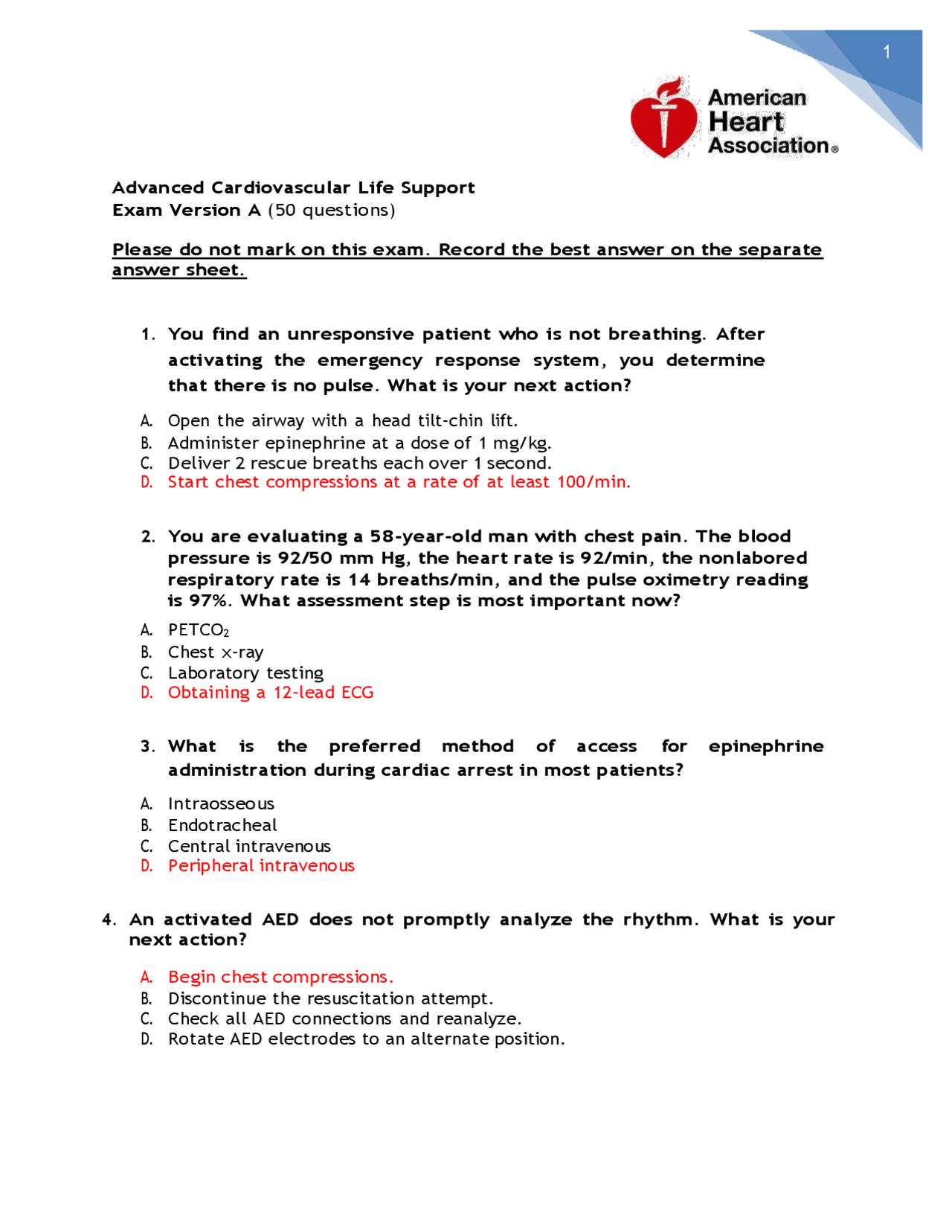 Advanced Cardiovascular Life Support Exam Version A 50 Questions