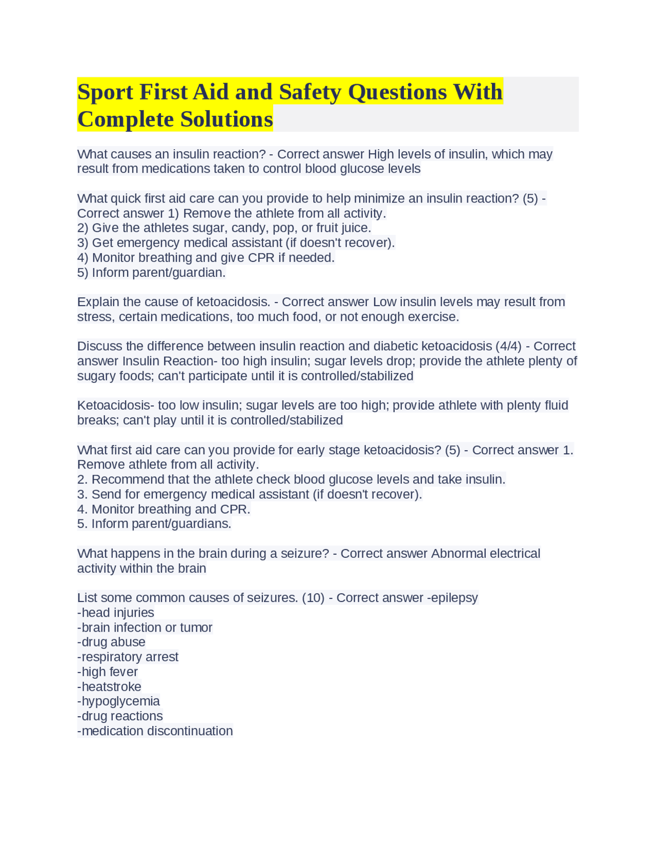 Sport First Aid and Safety Questions With Complete Solutions | Exams ...