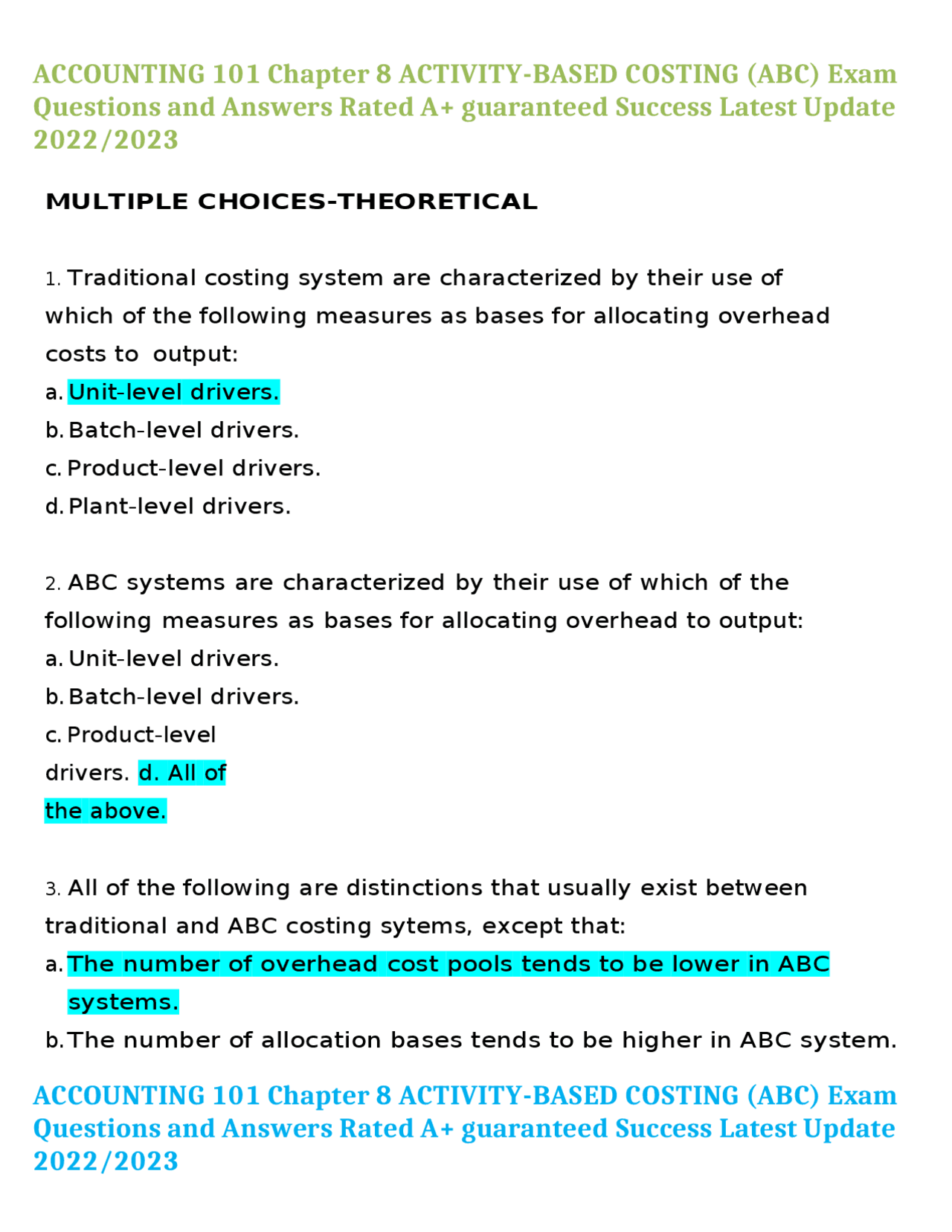 Accounting 101 Chapter 8 Activity Based Costing Abc Exam Questions