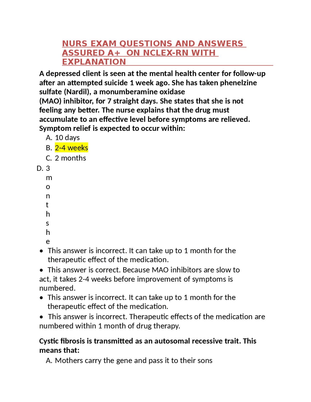 Nurs Exam Questions And Answers Assured A On Nclex Rn With Explanation