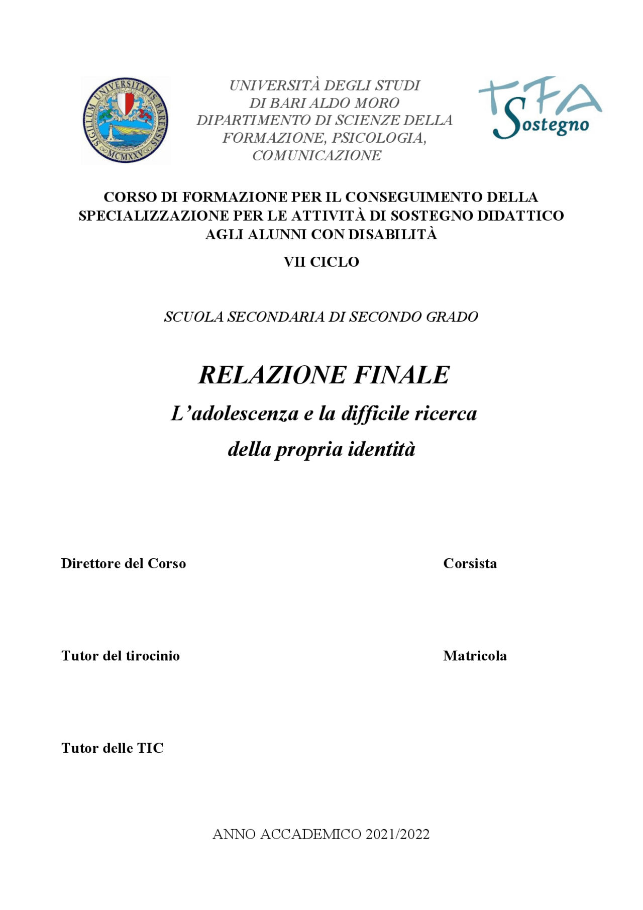 Tesi Di Specializzazione Nelle AttivitÀ Di Sostegno Tfa Schemi E