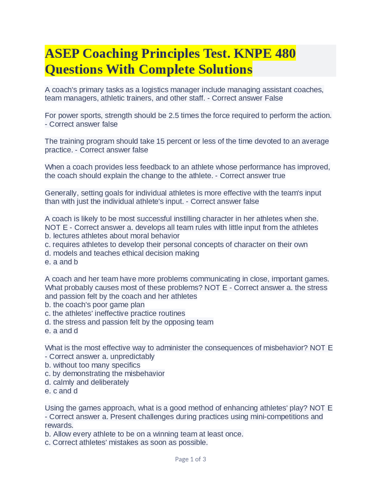 ASEP Coaching Principles Test. KNPE 480 Questions With Complete ...