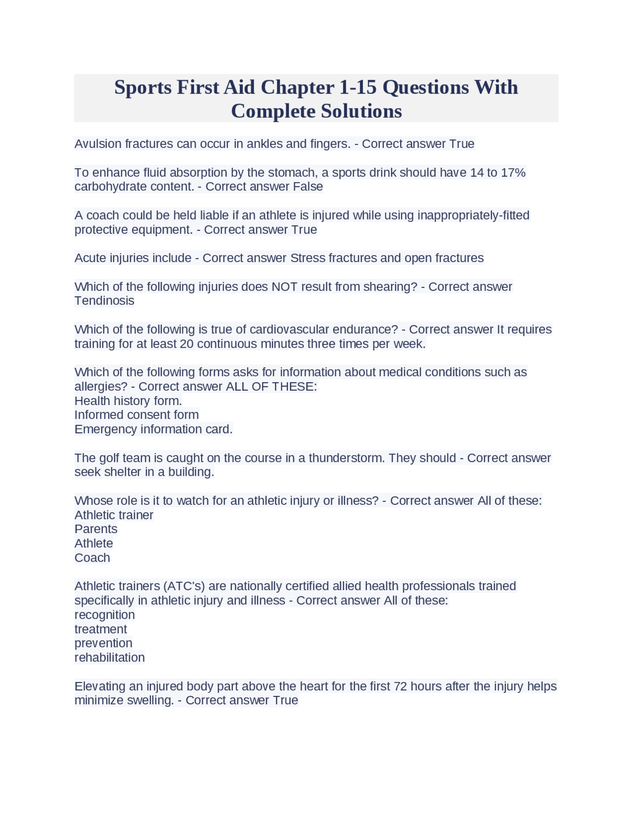 Sports First Aid Chapter 1-15 Questions With Complete Solutions | Exams ...