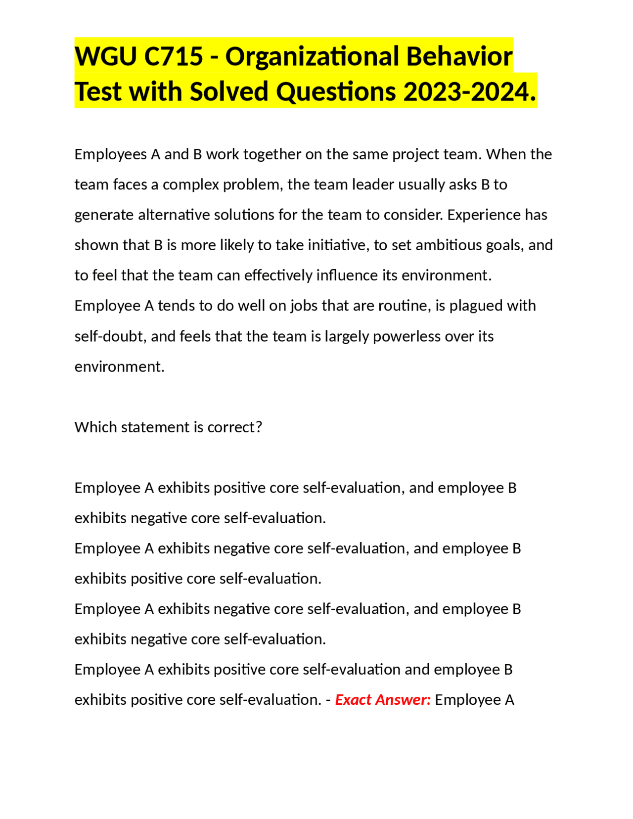 WGU C715 - Organizational Behavior Test with Solved Questions 2023-2024 ...