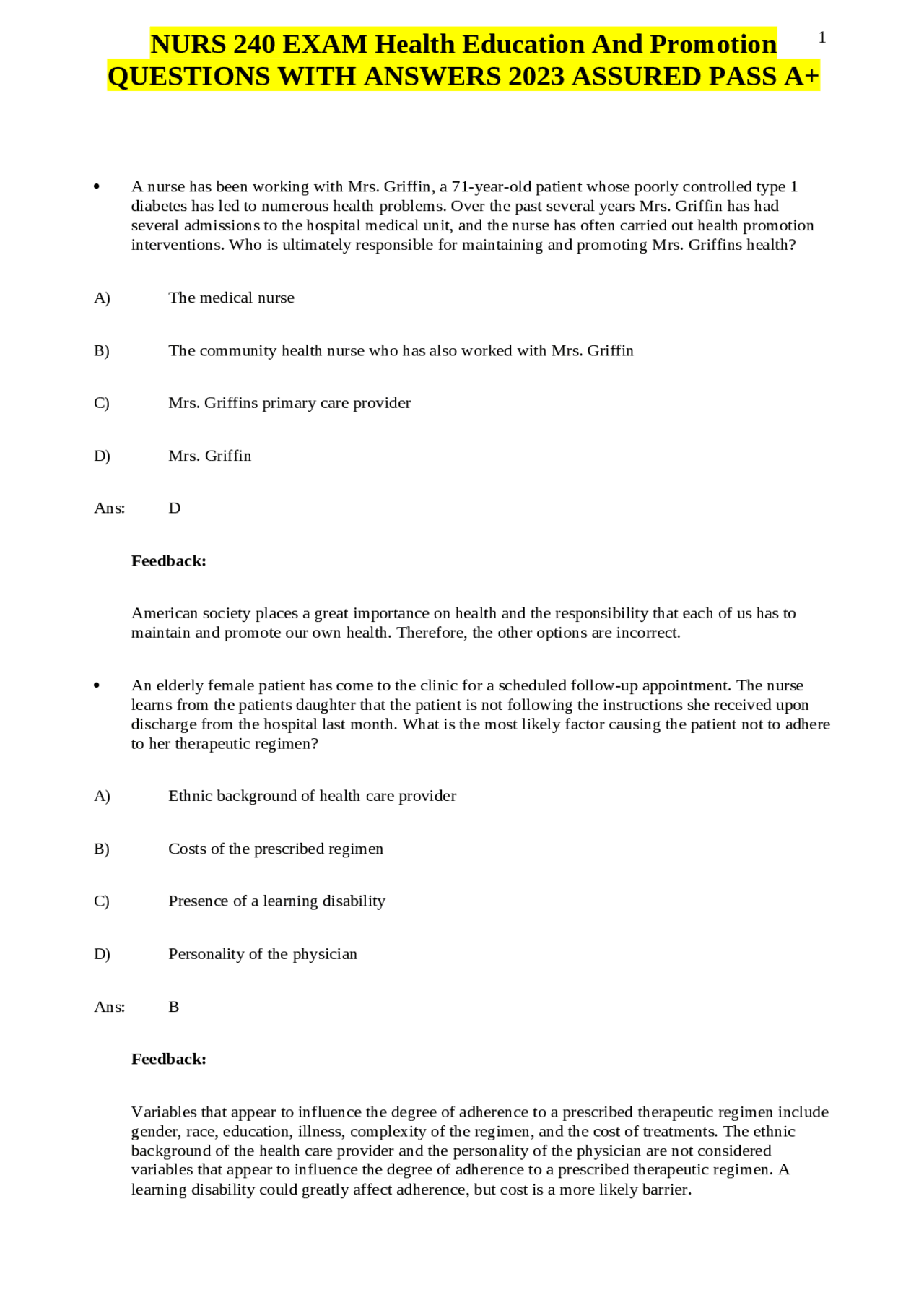 Nurs 240 Exam Health Education And Promotion Questions With Answers