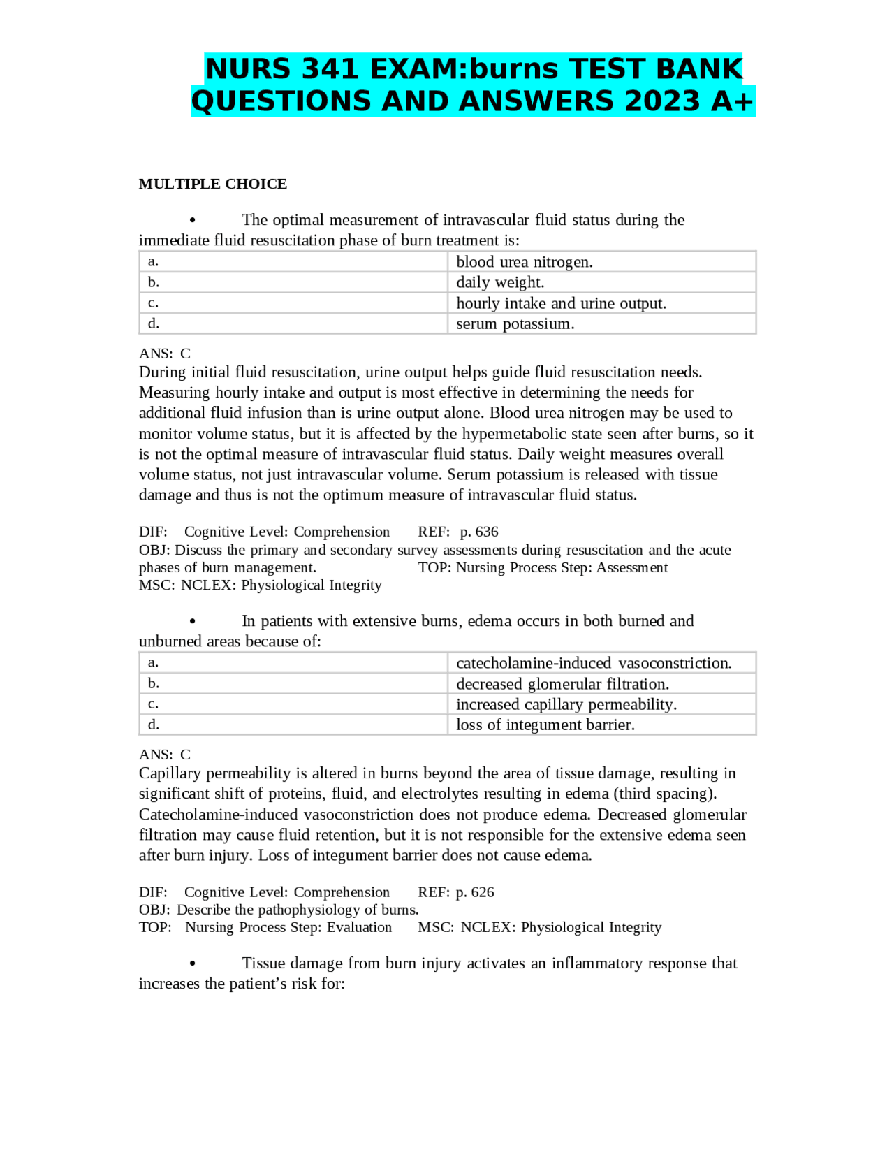 Nurs 341 Examburns Test Bank Questions And Answers 2023 A Exams