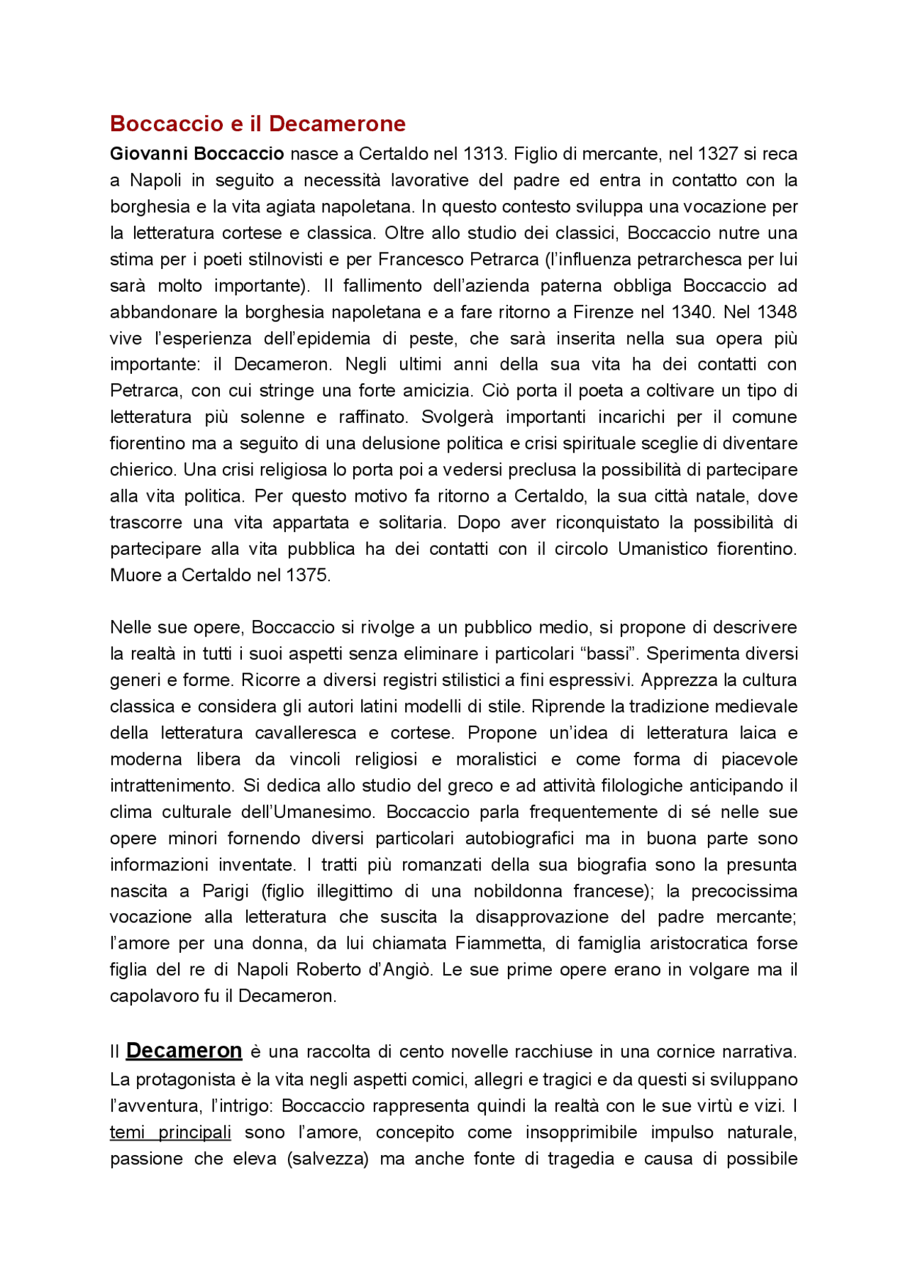 Boccaccio E Il Decameron Appunti Di Italiano Docsity