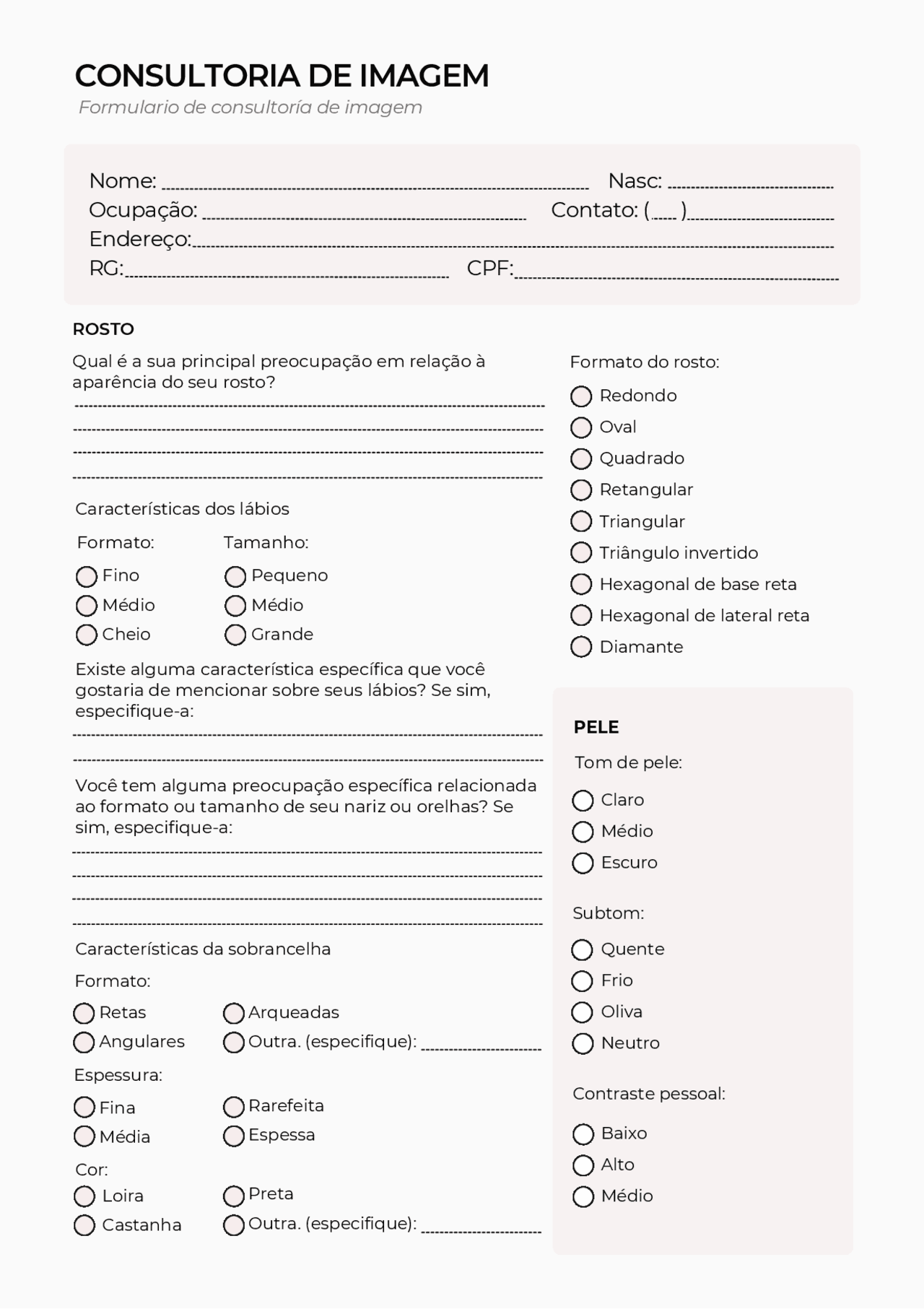 Questionário para entrevista de consultoria de imagem | Esquemas ...