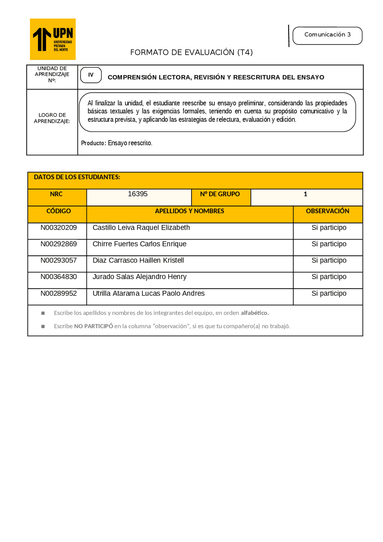 Examen T4 Del Curso De Comunicacion Upn Exámenes De Comunicación