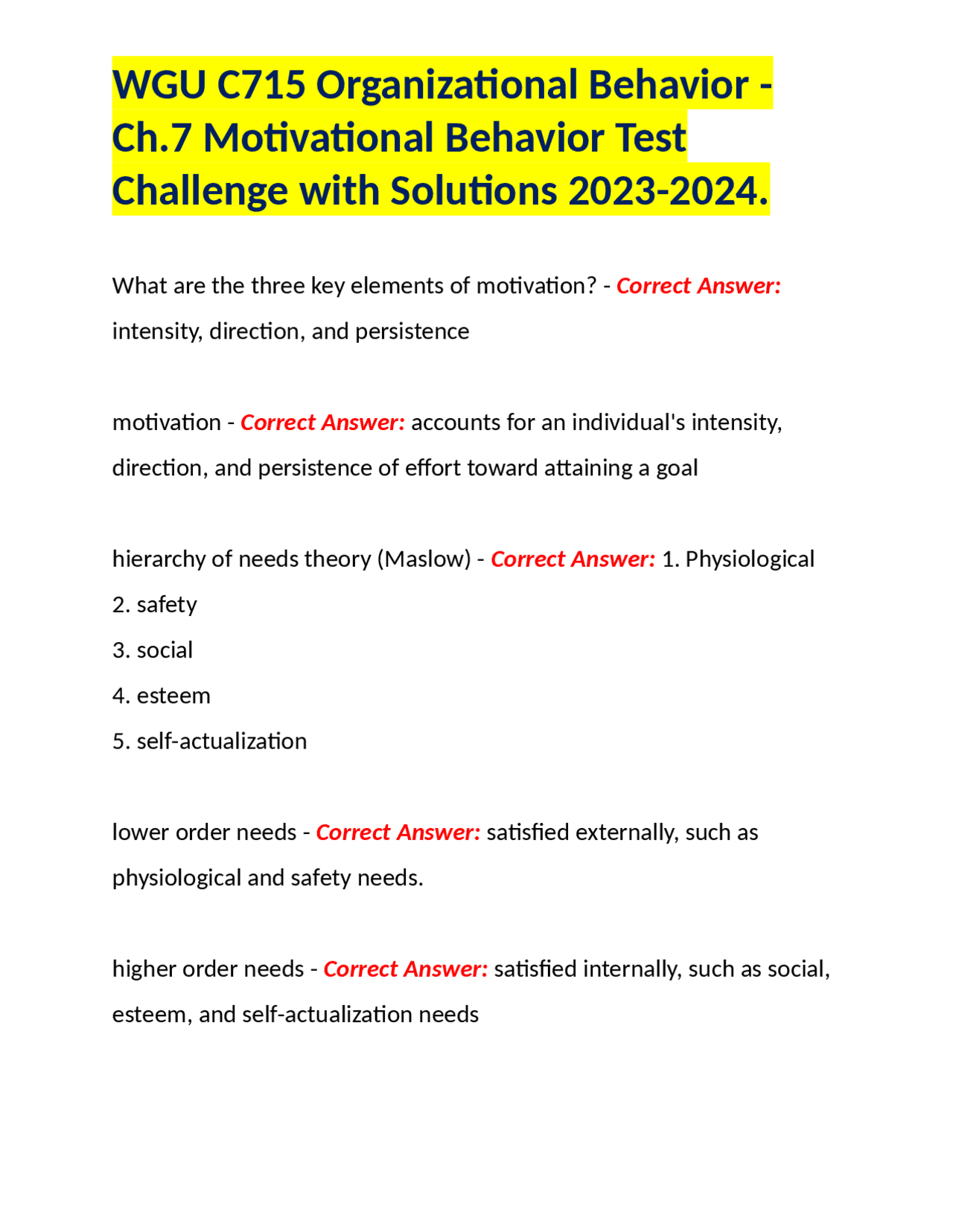 Wgu C715 Organizational Behavior Ch7 Motivational Behavior Test