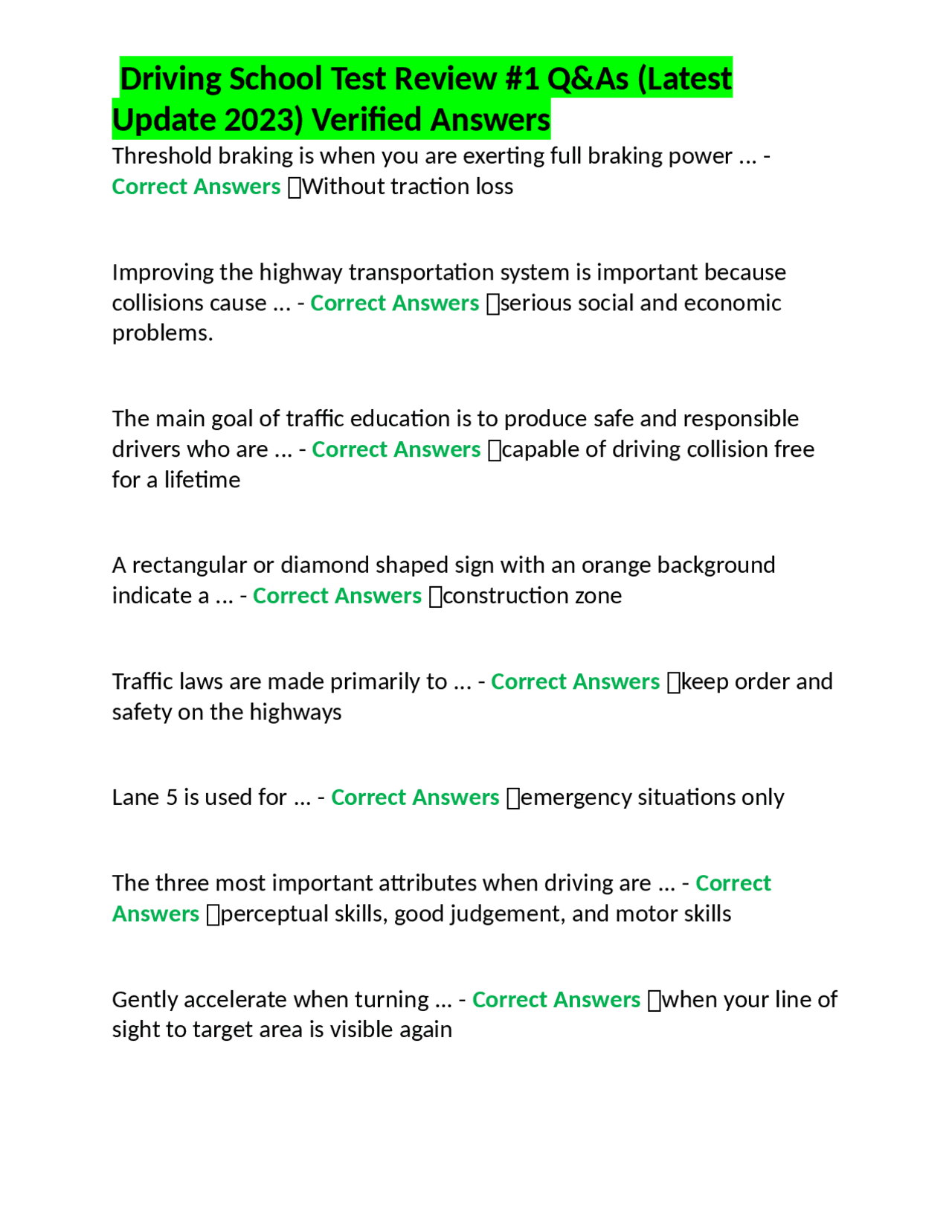 Driving School Test Review #1 Q&As (Latest Update 2023) Verified ...