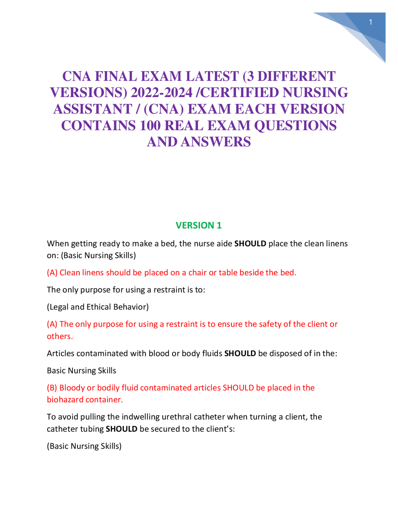 CNA FINAL EXAM LATEST (3 DIFFERENT VERSIONS) 2022-2024 GRADED A ...
