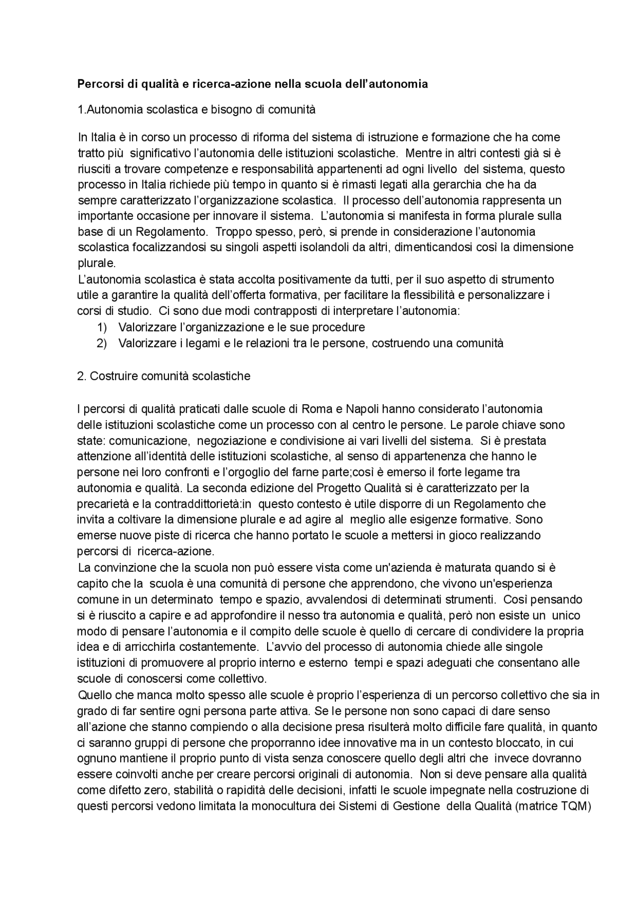 Riassunto Del Manuale Pratiche Di Qualità E Ricerca Azione Dispense