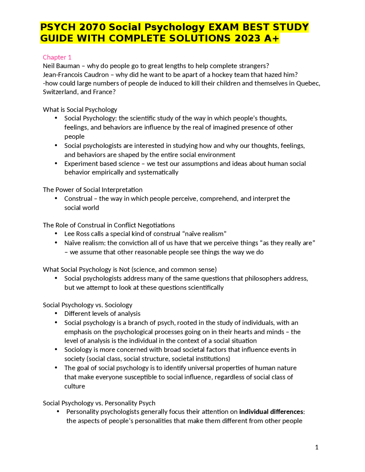 PSYCH 2070 Social Psychology EXAM BEST STUDY GUIDE WITH COMPLETE ...