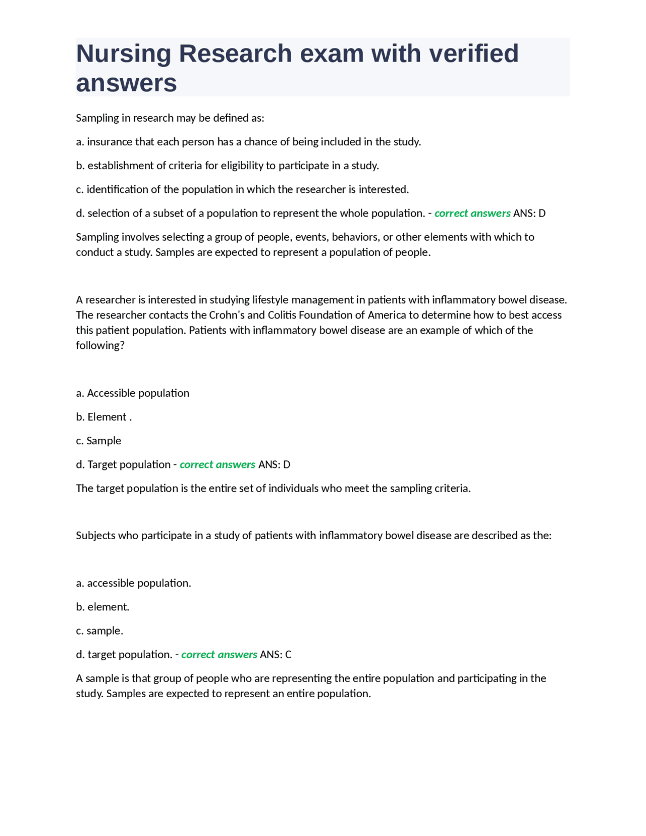 Nursing Research exam with verified answers.docx | Exams Nursing | Docsity