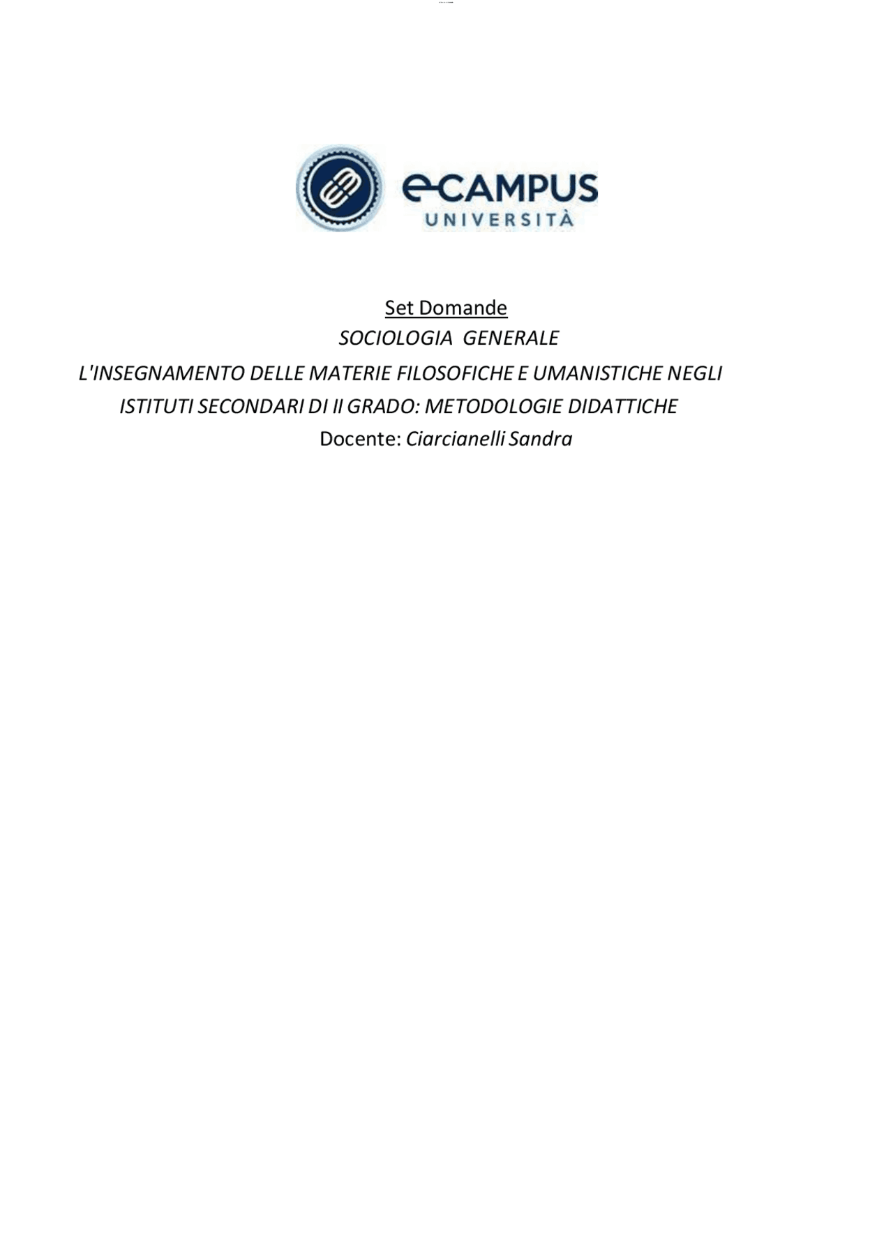 Paniere Chiuse Completo Master A18 Sociologia Generale Prof