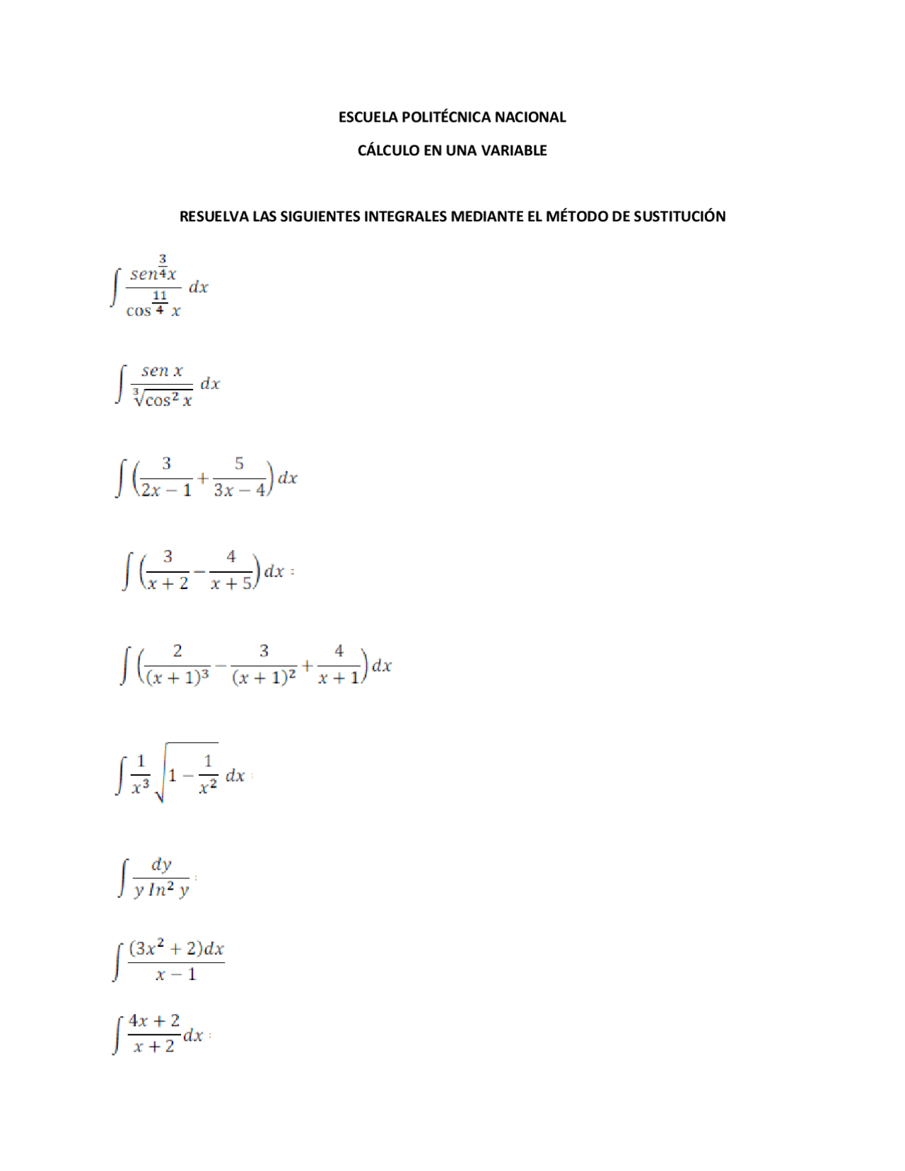 Integrales por sustitución | Ejercicios de Cálculo diferencial y integral | Docsity
