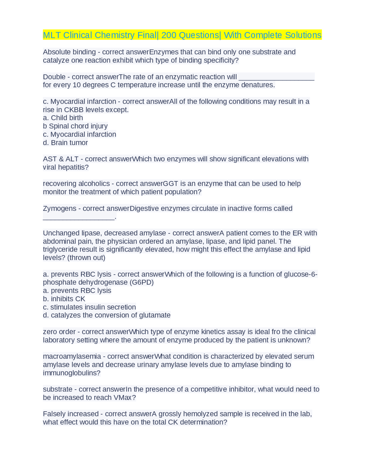 MLT Clinical Chemistry Final| 200 Questions| With Complete Solutions ...