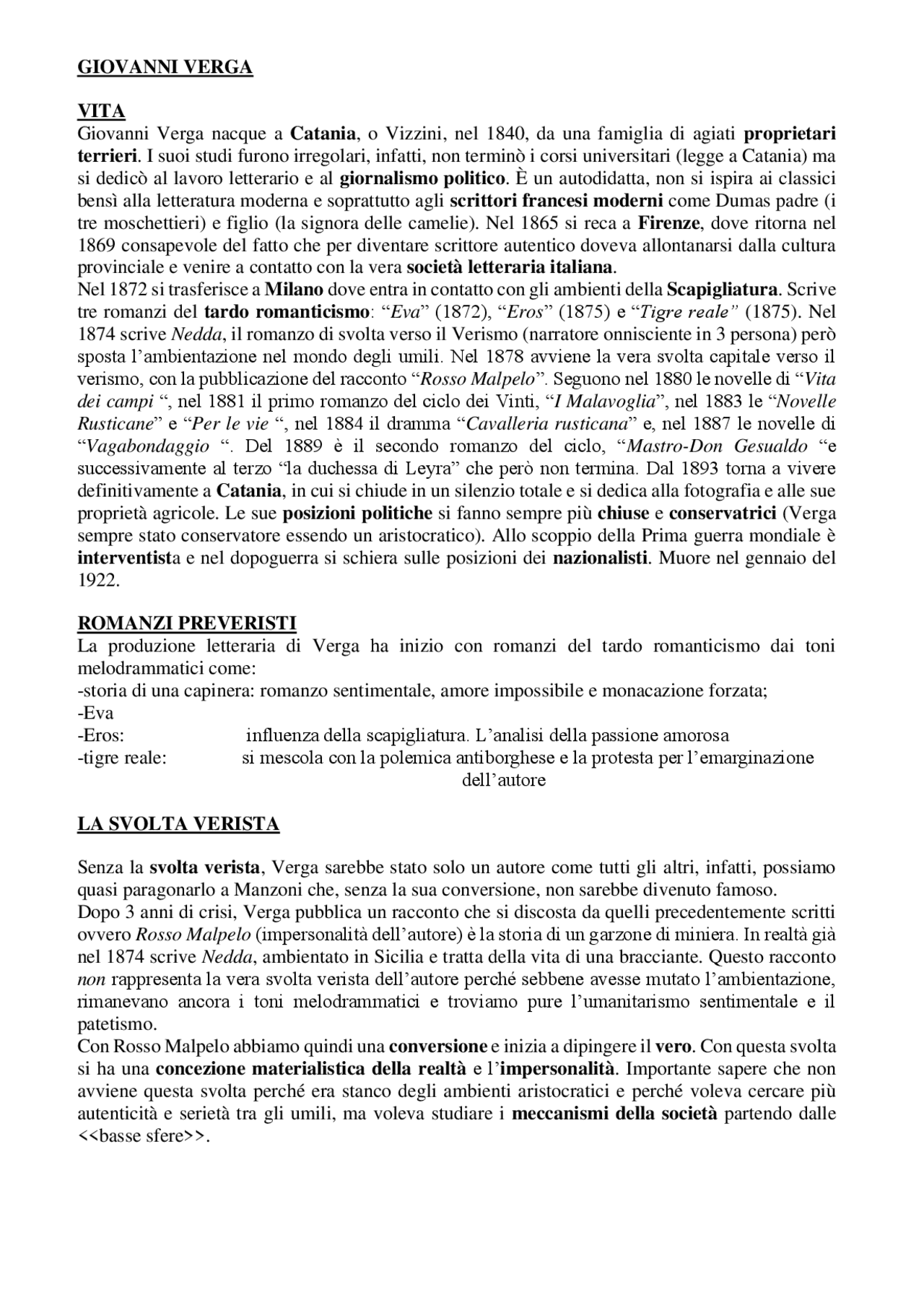 Giovanni Verga - Vita e Opere | Appunti di Italiano | Docsity