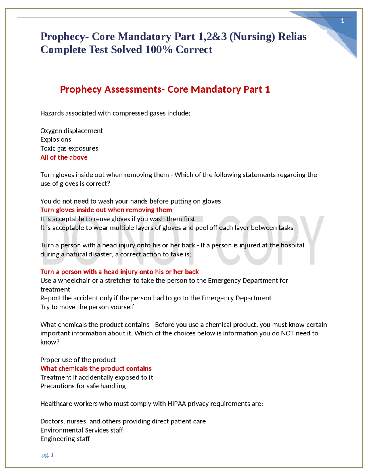 Prophecy Core Mandatory Part 12and3 Nursing Relias Complete Test