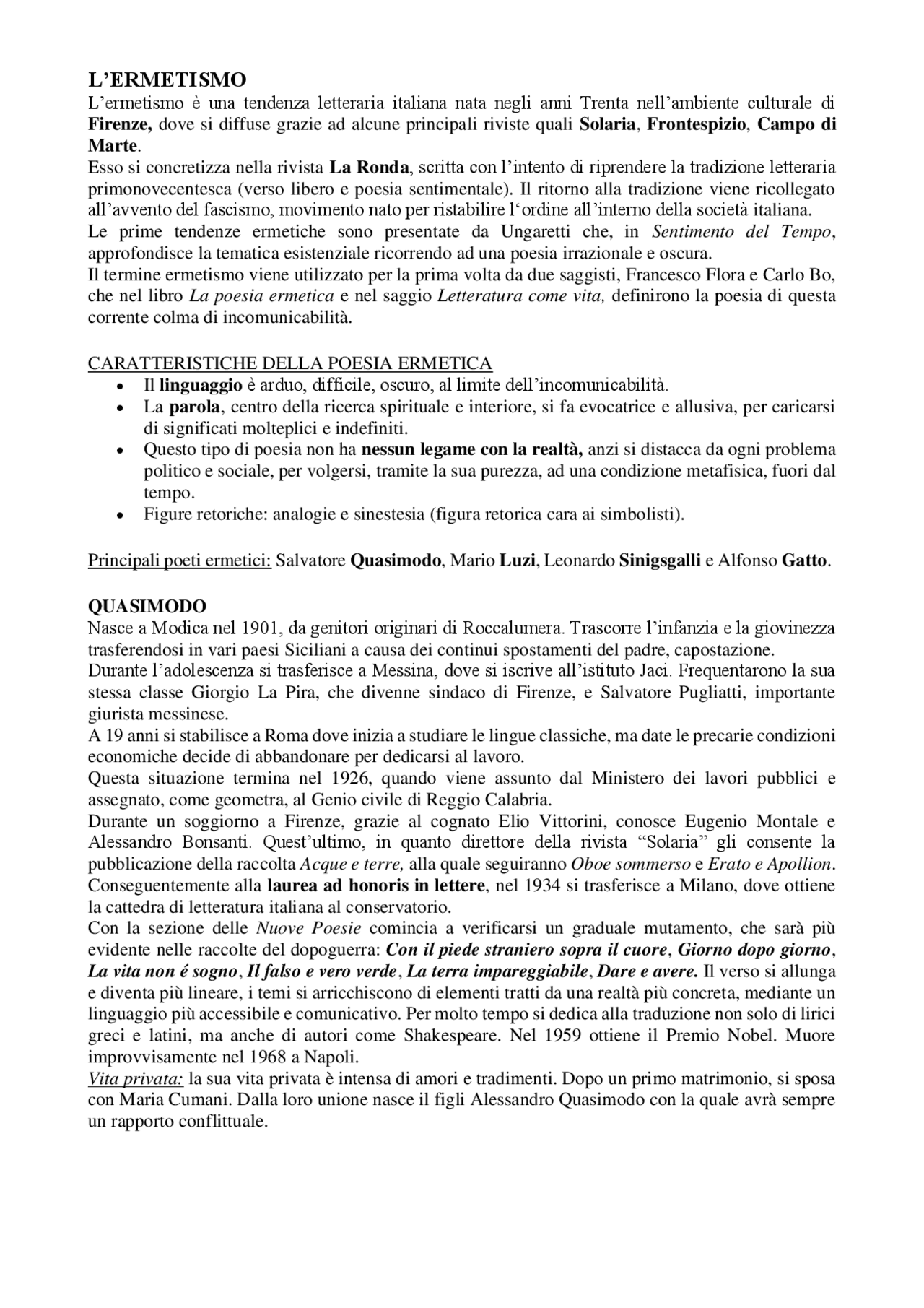 Salvatore Quasimodo Vita E Opere Appunti Di Italiano Docsity