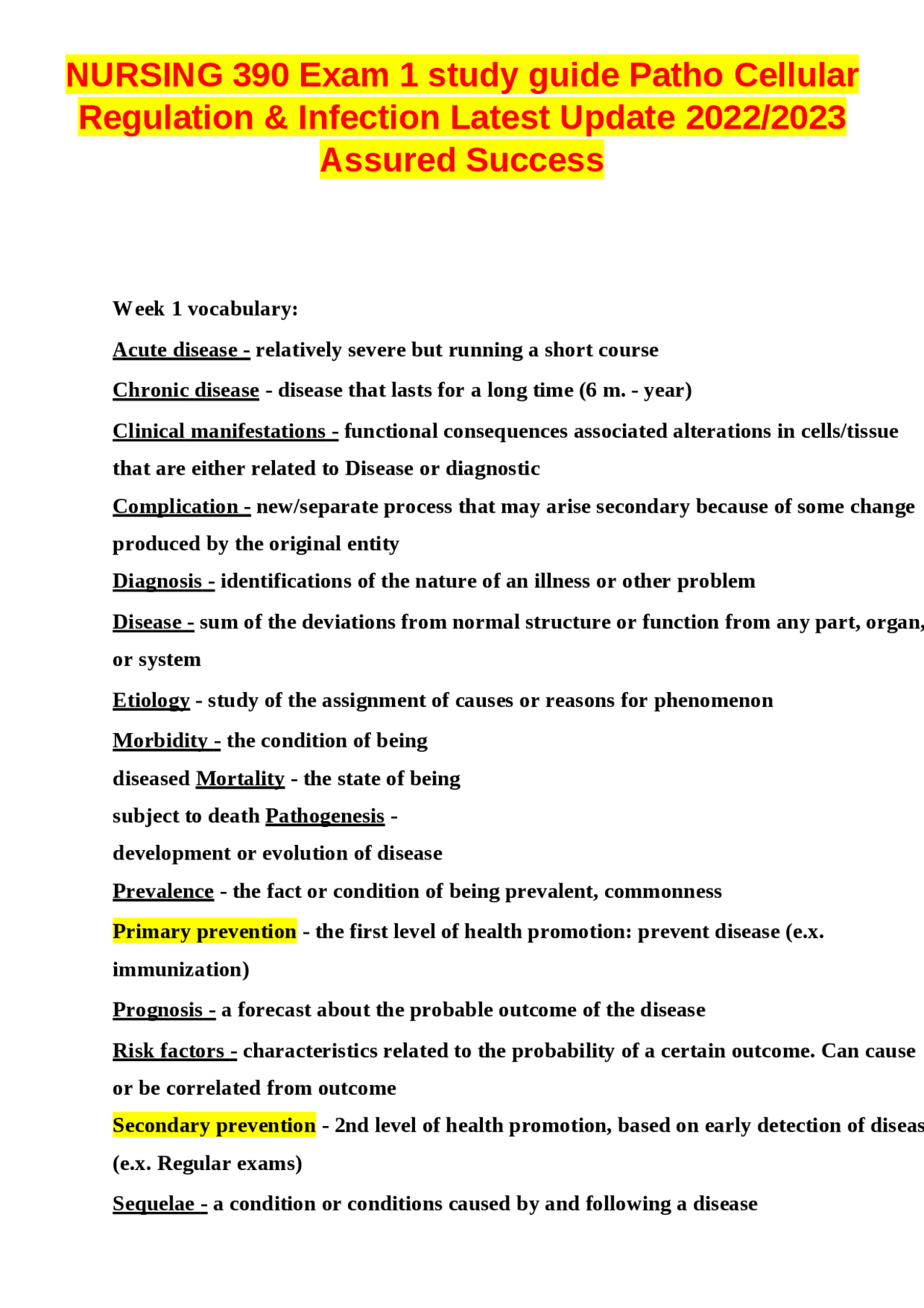 NURSING 390 Exam 1 study guide Patho Cellular Regulation & Infection ...