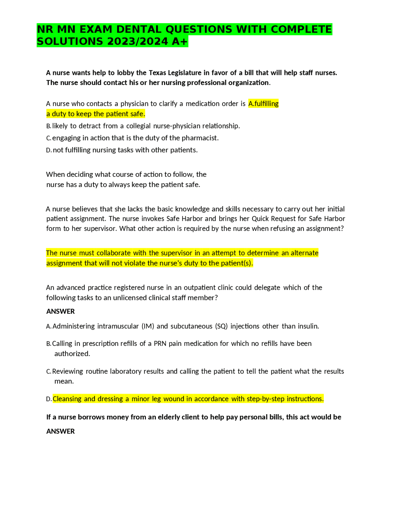 NR MN EXAM DENTAL QUESTIONS WITH COMPLETE SOLUTIONS 2023/2024 A+ ...
