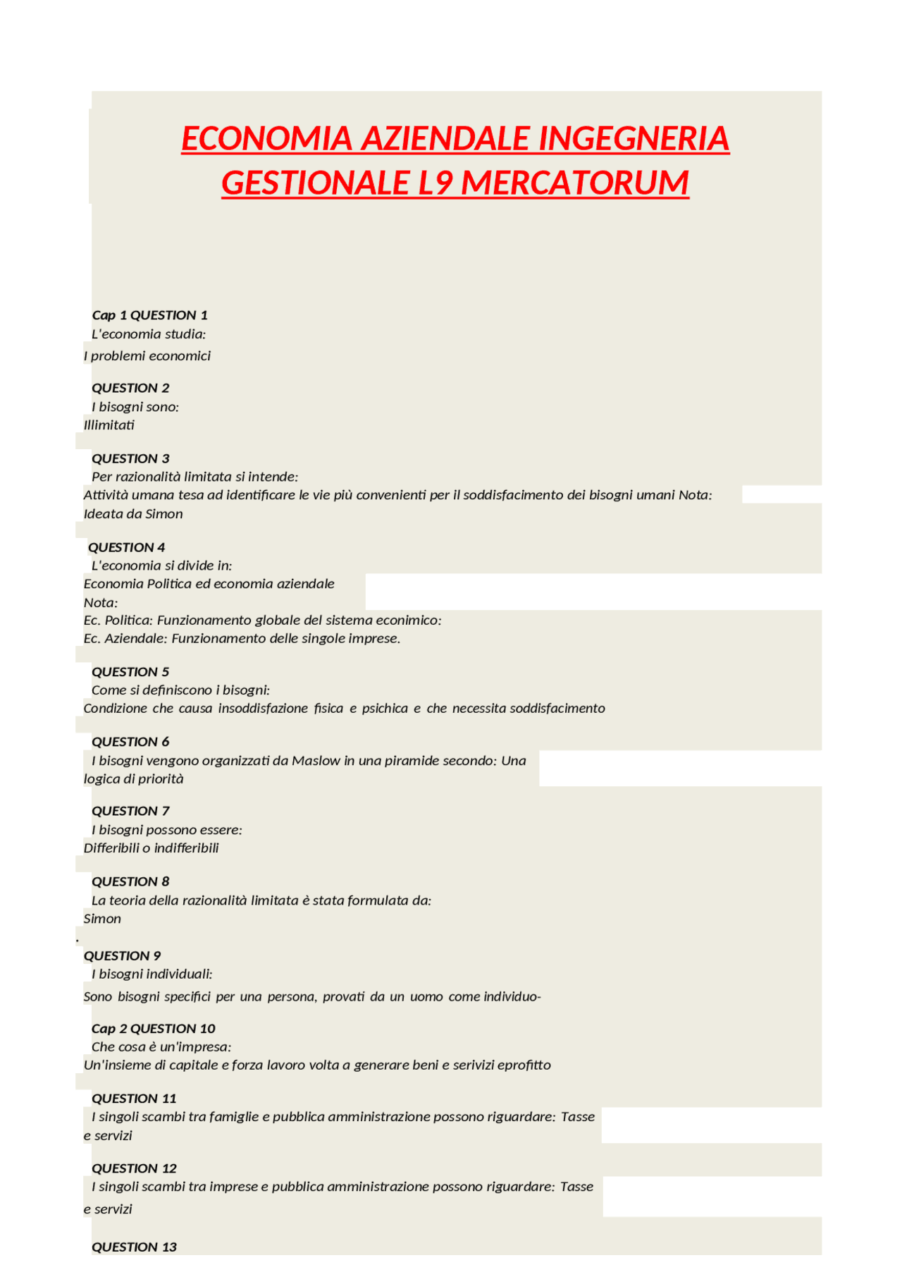 Economia Aziendale Ingegneria Gestionale L9 Mercatorum Prove Desame
