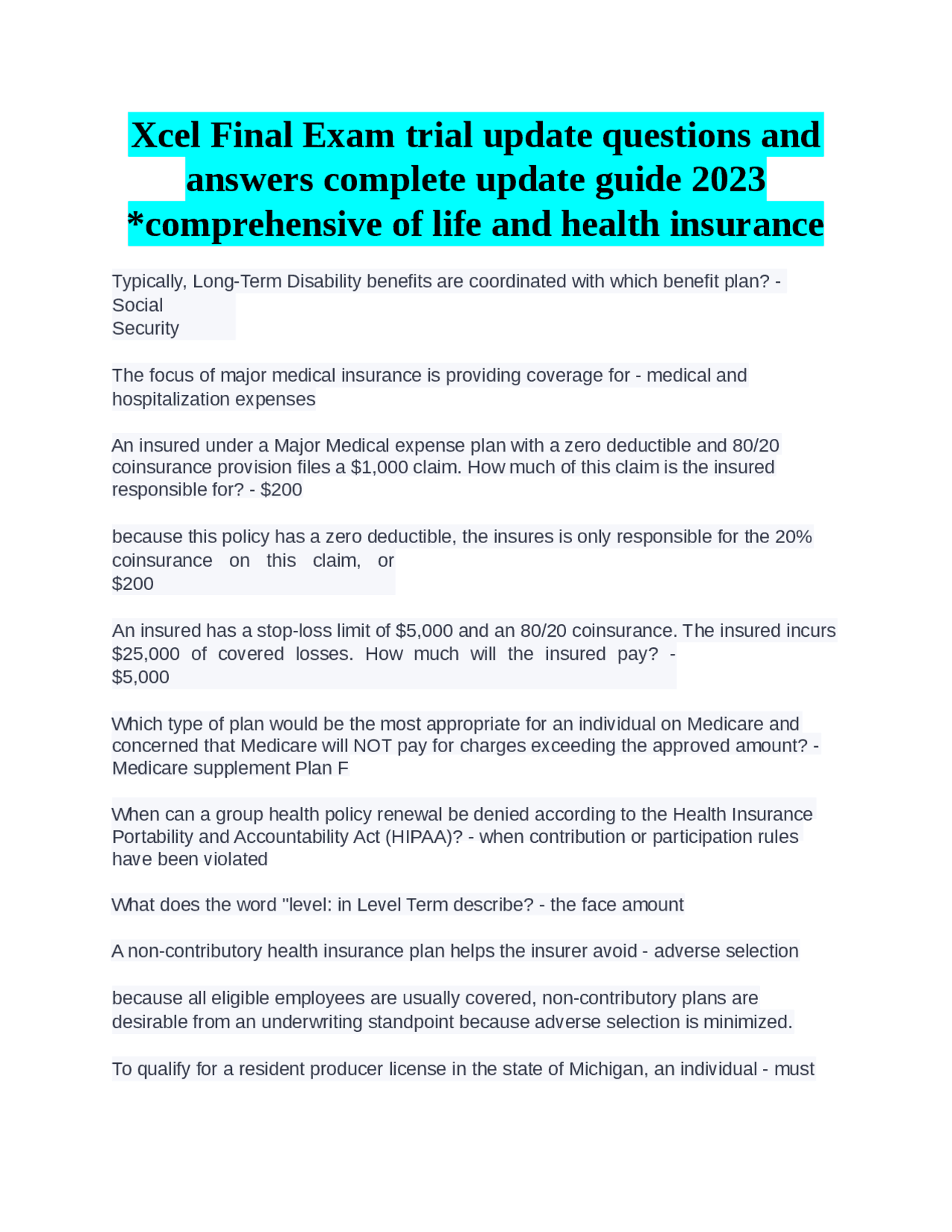 Xcel Final Exam trial update questions and answers complete update ...