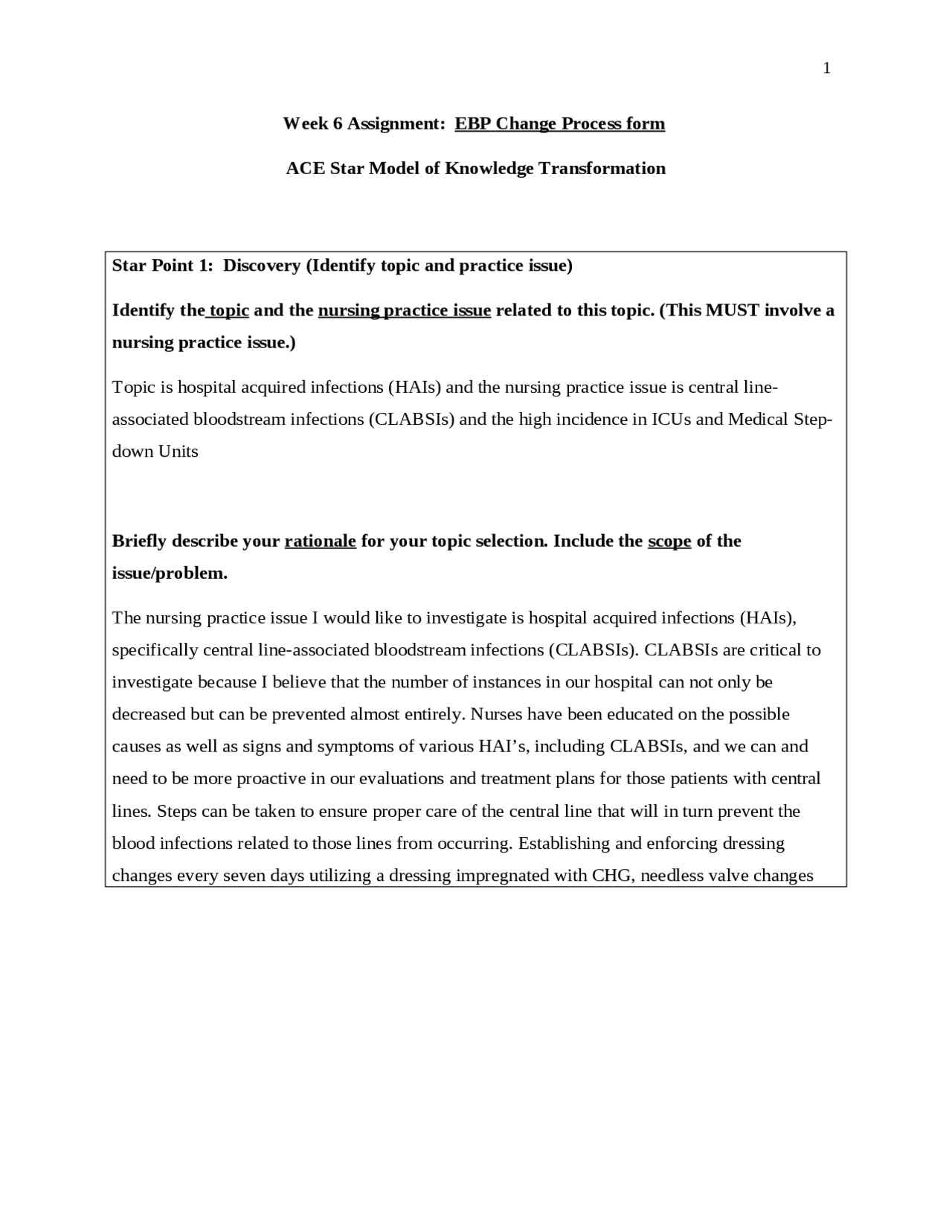 Week 6 Assignment: EBP Change Process form ACE Star Model of Knowledge ...