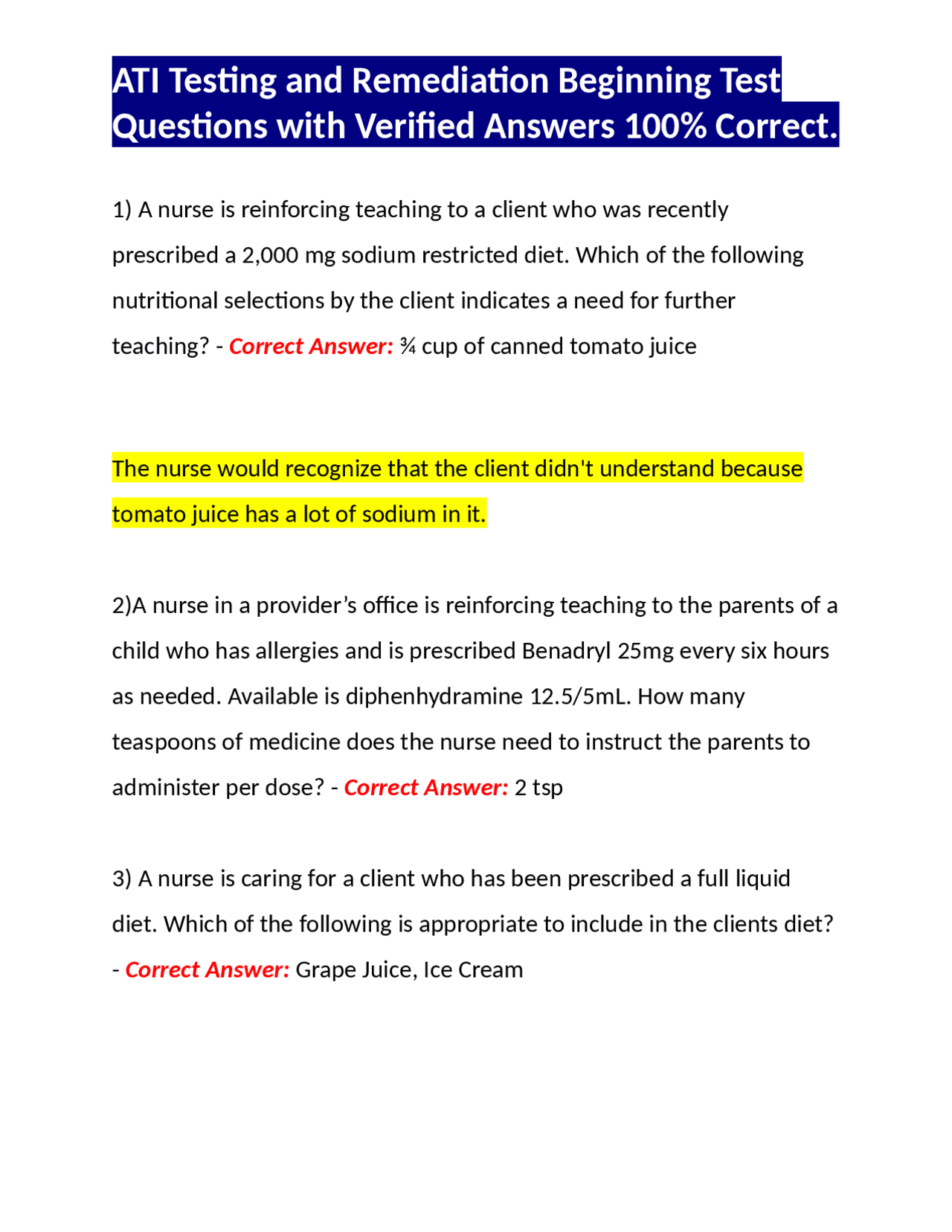 ATI Testing and Remediation Beginning Test Questions with Verified ...