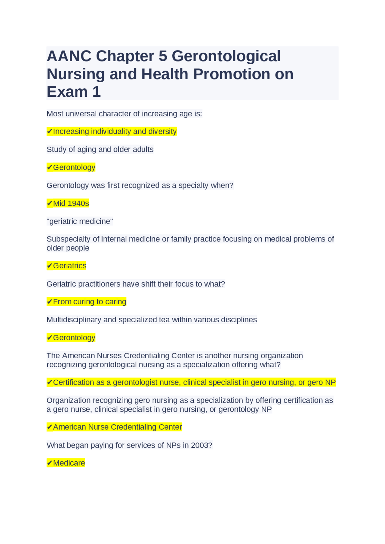 Aanc Chapter 5 Gerontological Nursing And Health Promotion On Exam 1