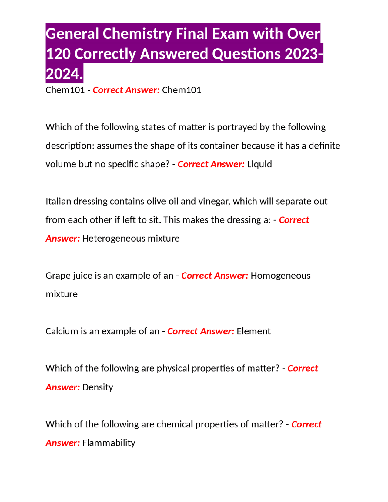 General Chemistry Final Exam with Over 120 Correctly Answered Questions ...