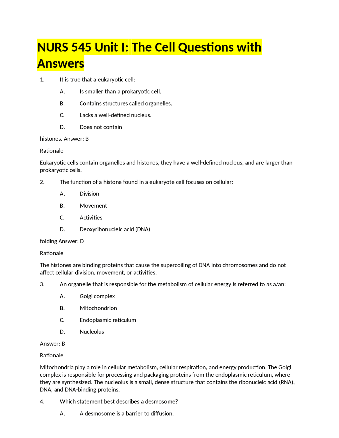 NURS 545 Unit I: The Cell Questions with Answers | Exams Nursing | Docsity