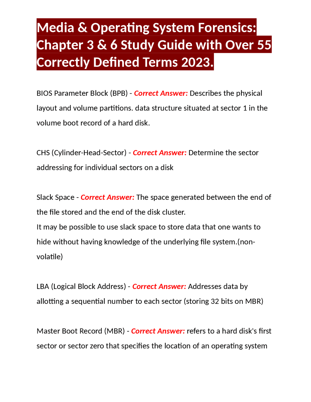 Media & Operating System Forensics: Chapter 3 & 6 Study Guide with Over 55 Correctly Defin ...