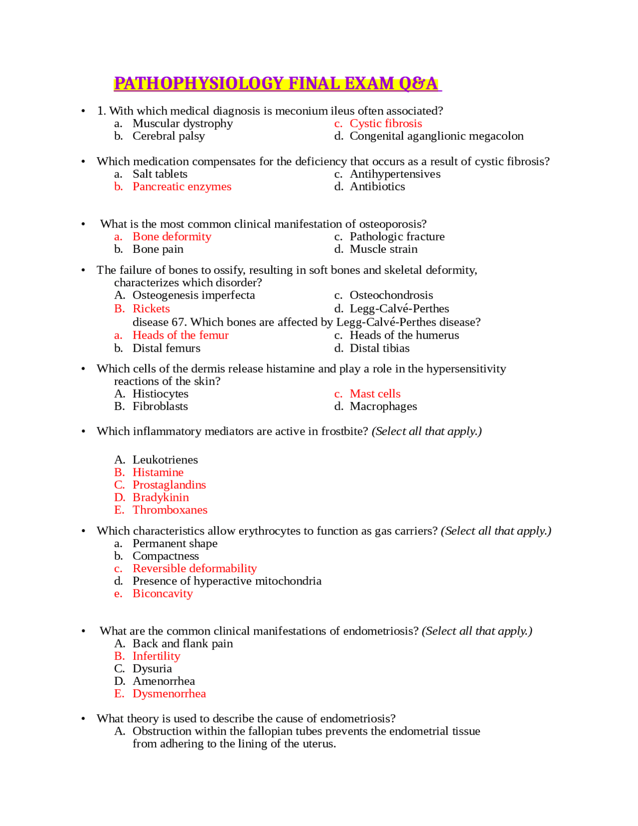 PATHOPHYSIOLOGY FINAL EXAM Q&A | Exams Nursing | Docsity