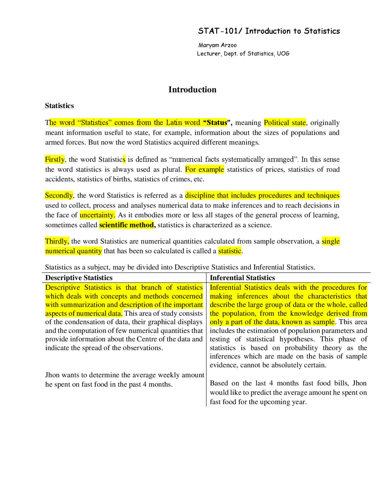 Introduction To Statistics Chapter#1 Complete Notes | Study notes ...