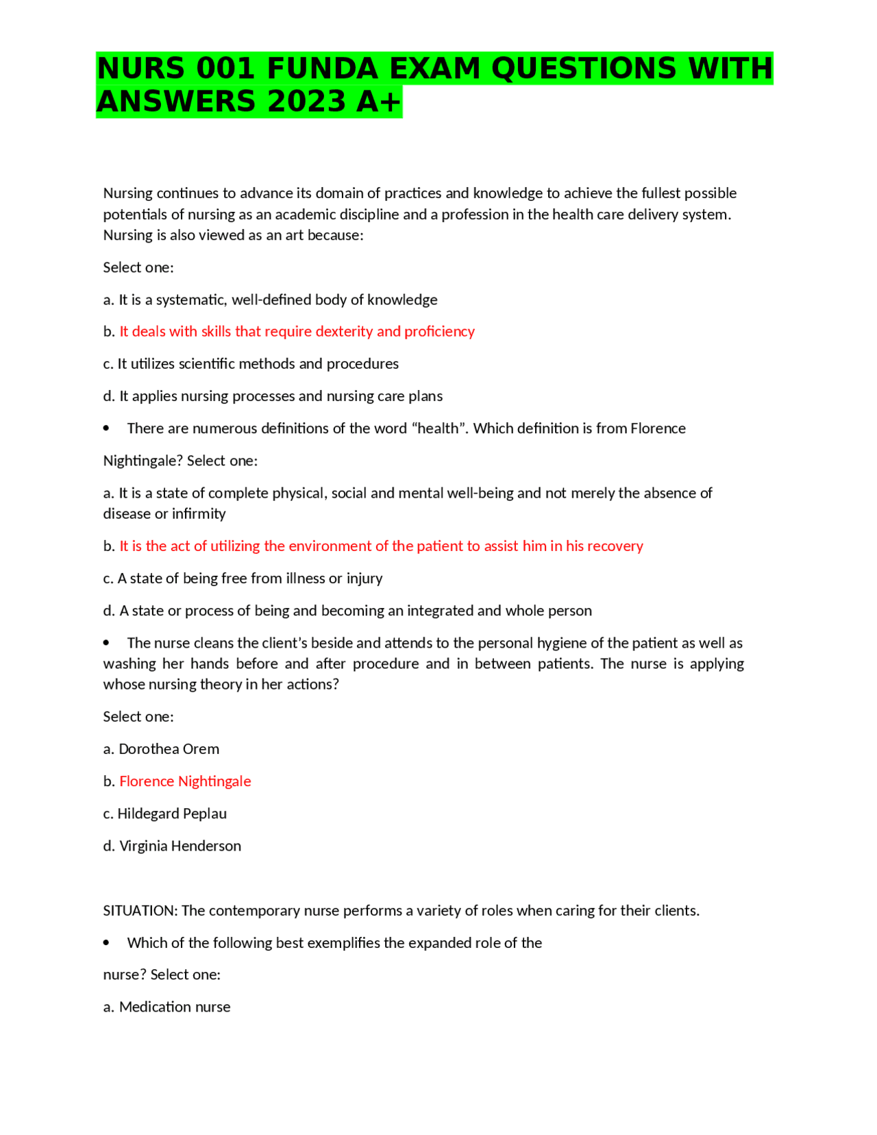 Nurs 001 Funda Exam Questions With Answers 2023 A Exams Nursing