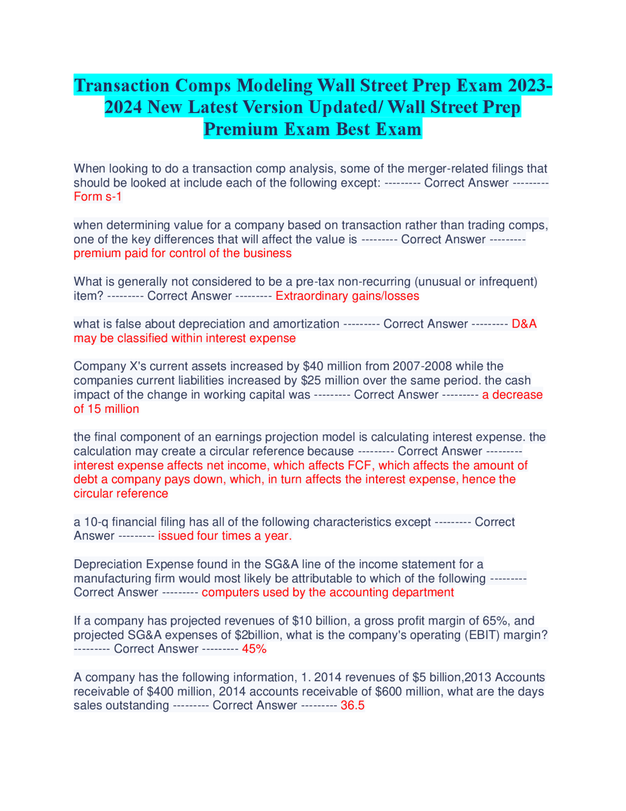 Transaction Comps Modeling Wall Street Prep Exam 2023- 2024 New Latest ...