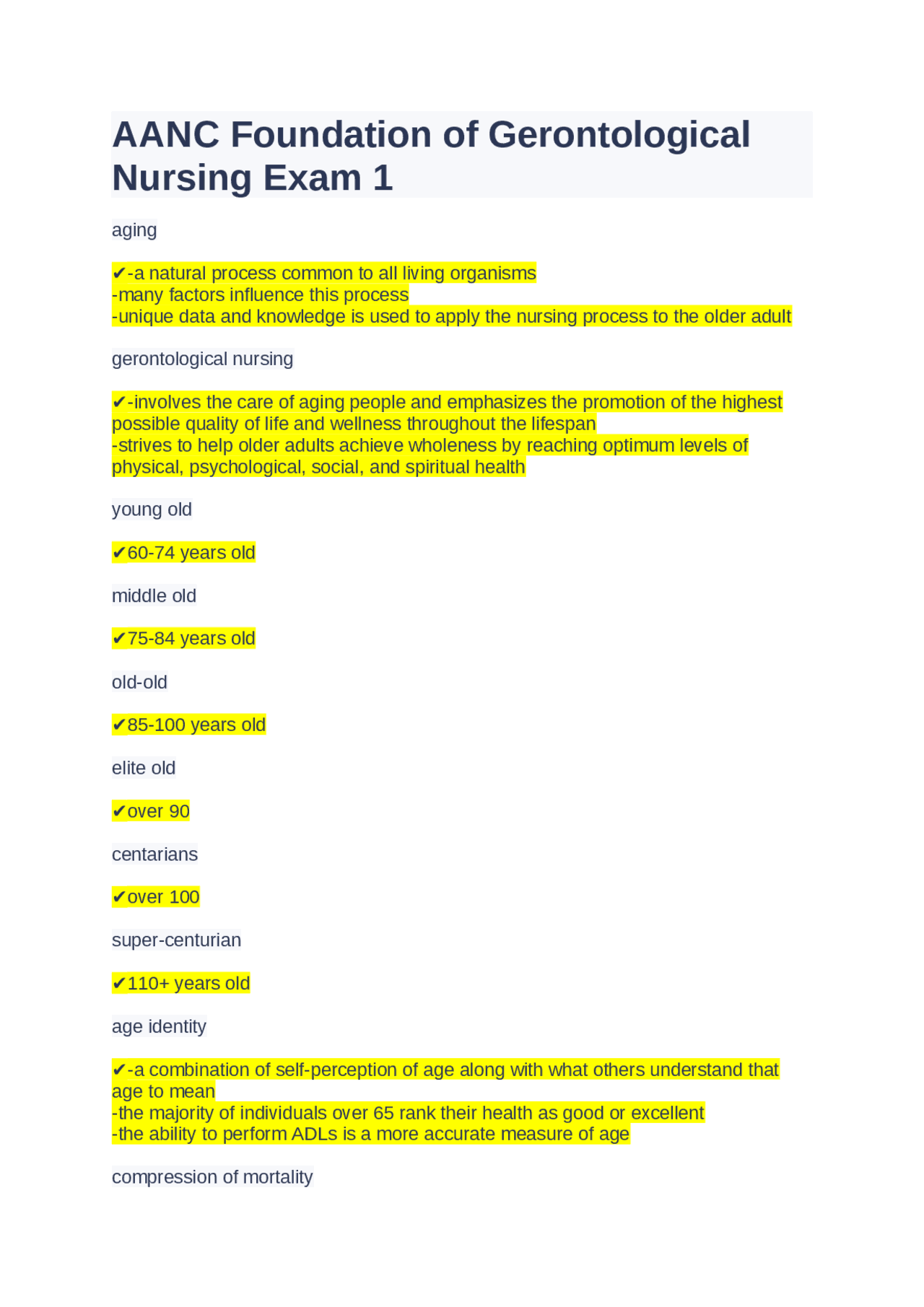 AANC Foundation of Gerontological Nursing Exam 1 | Exams Nursing | Docsity